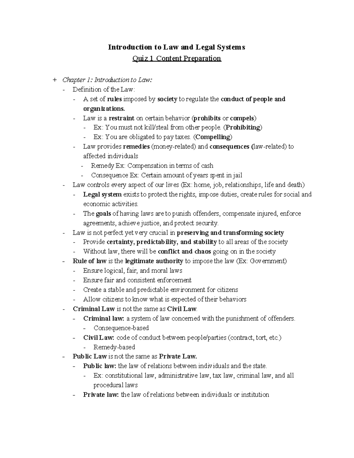 LEGL 101 Quiz 1 Notes - Sample of a quiz questions and correct answers ...