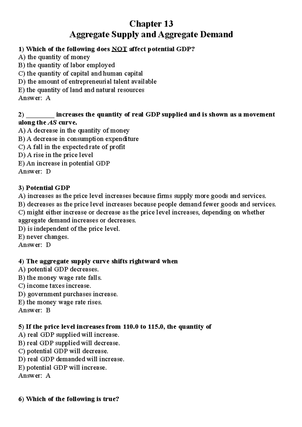 Mcq 13 - multiple-choice questions - Chapter 13 Aggregate Supply and ...