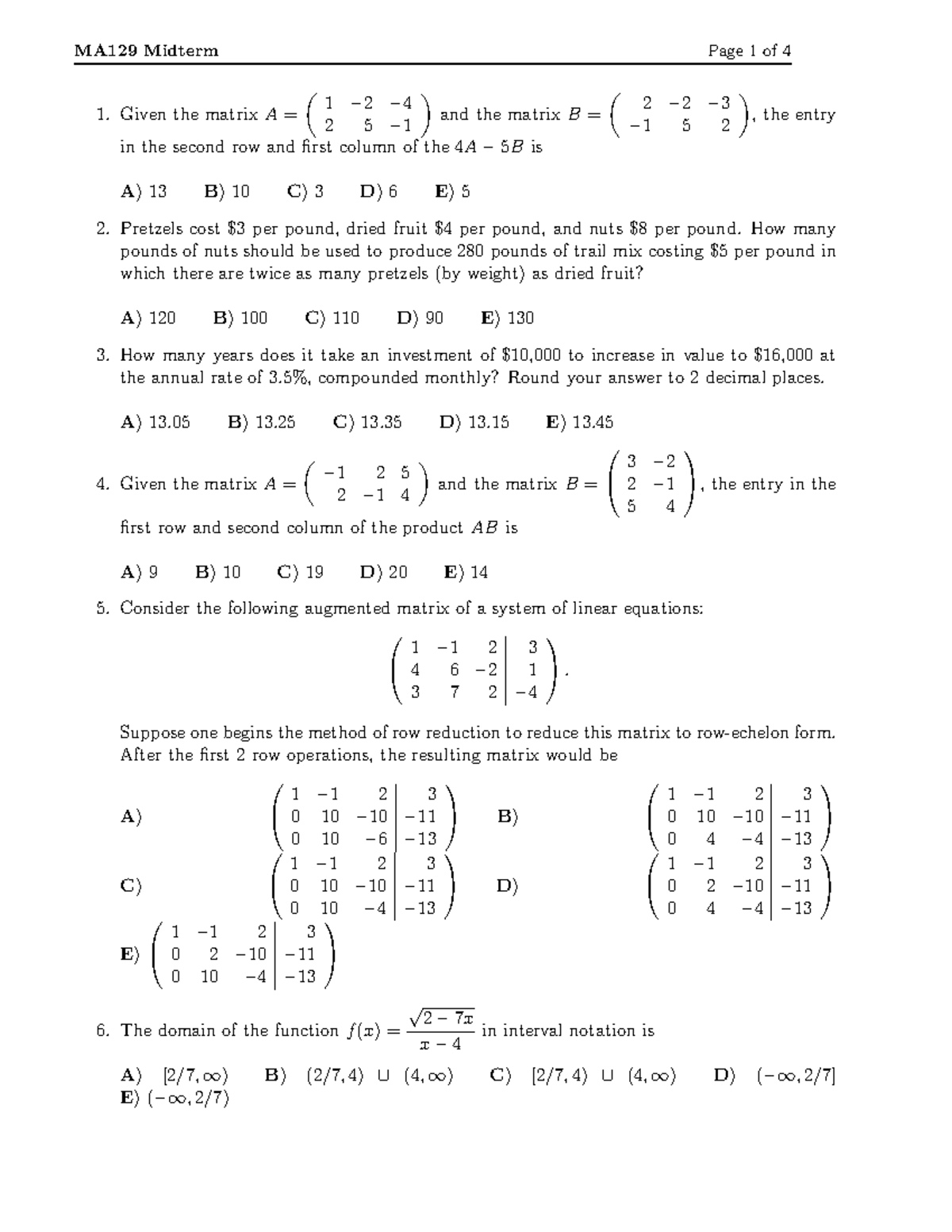Previous midterm 1 - Given the matrix A = ( 1 − 2 − 4 2 5 − 1 ) and the matrix B = ( 2 − 2 − 3 − ...