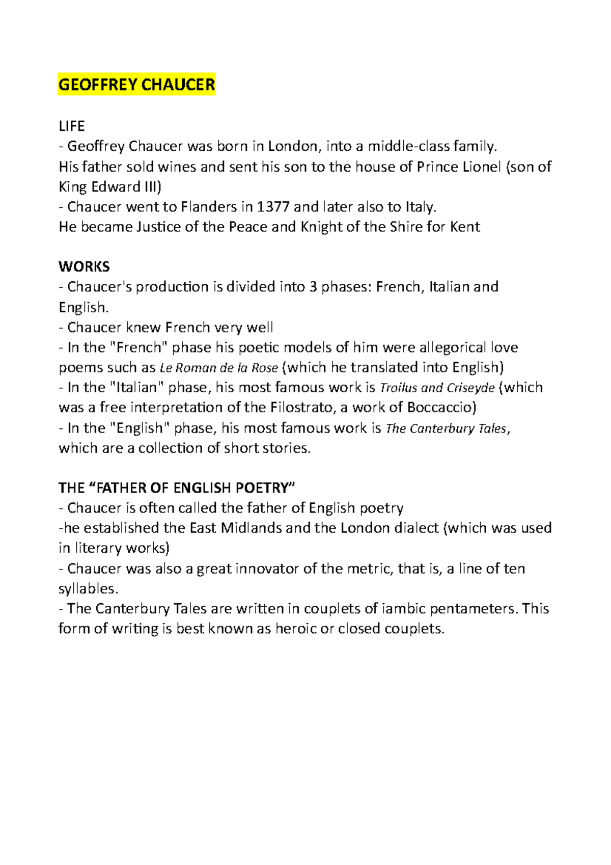 Geoffrey Chaucer - GEOFFREY CHAUCER LIFE Geoffrey Chaucer was born in ...