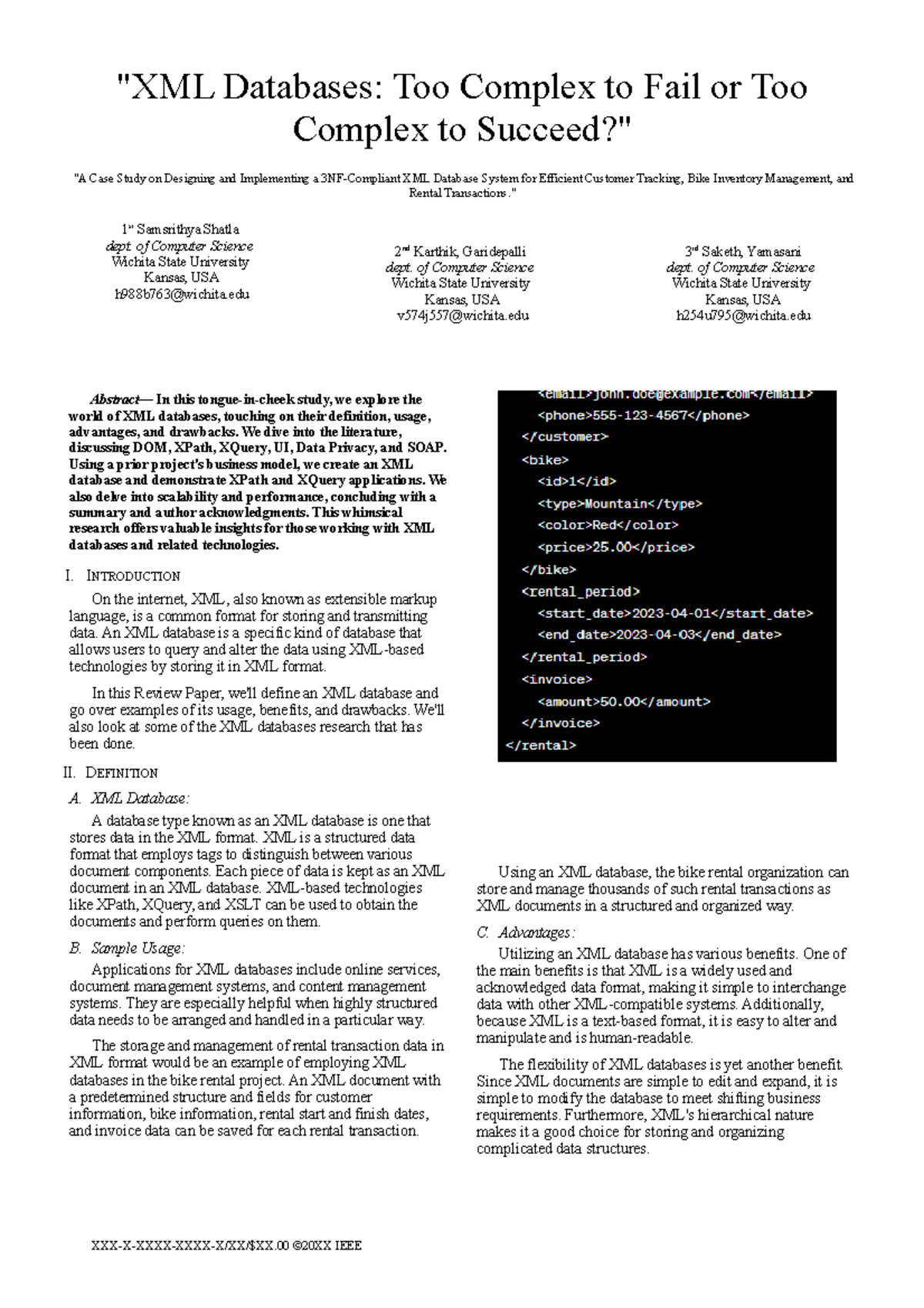 Review Paper XBike Rental - "XML Databases: Too Complex to Fail or Too Complex to - Studocu
