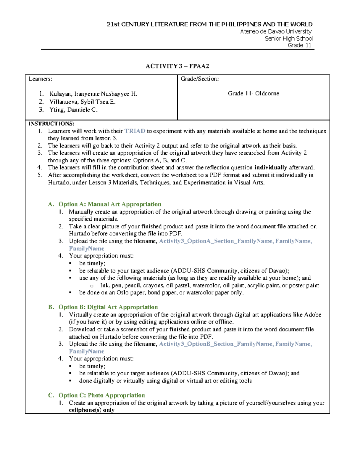 Activity 3 Option C Oldcorne Kulayan, Villanueva, Yting - Oral ...