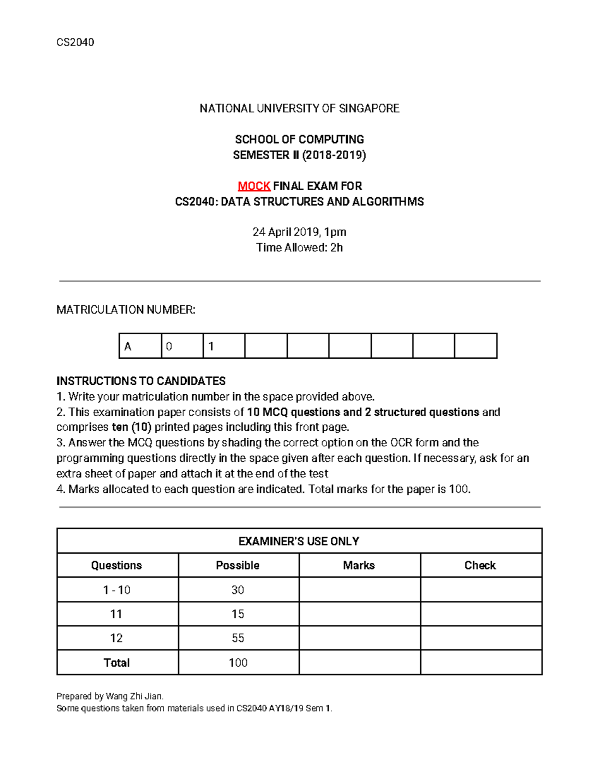 CS2040-Mock-Finals - PAST YEAR PAPER - NATIONAL UNIVERSITY OF SINGAPORE SCHOOL OF COMPUTING ...