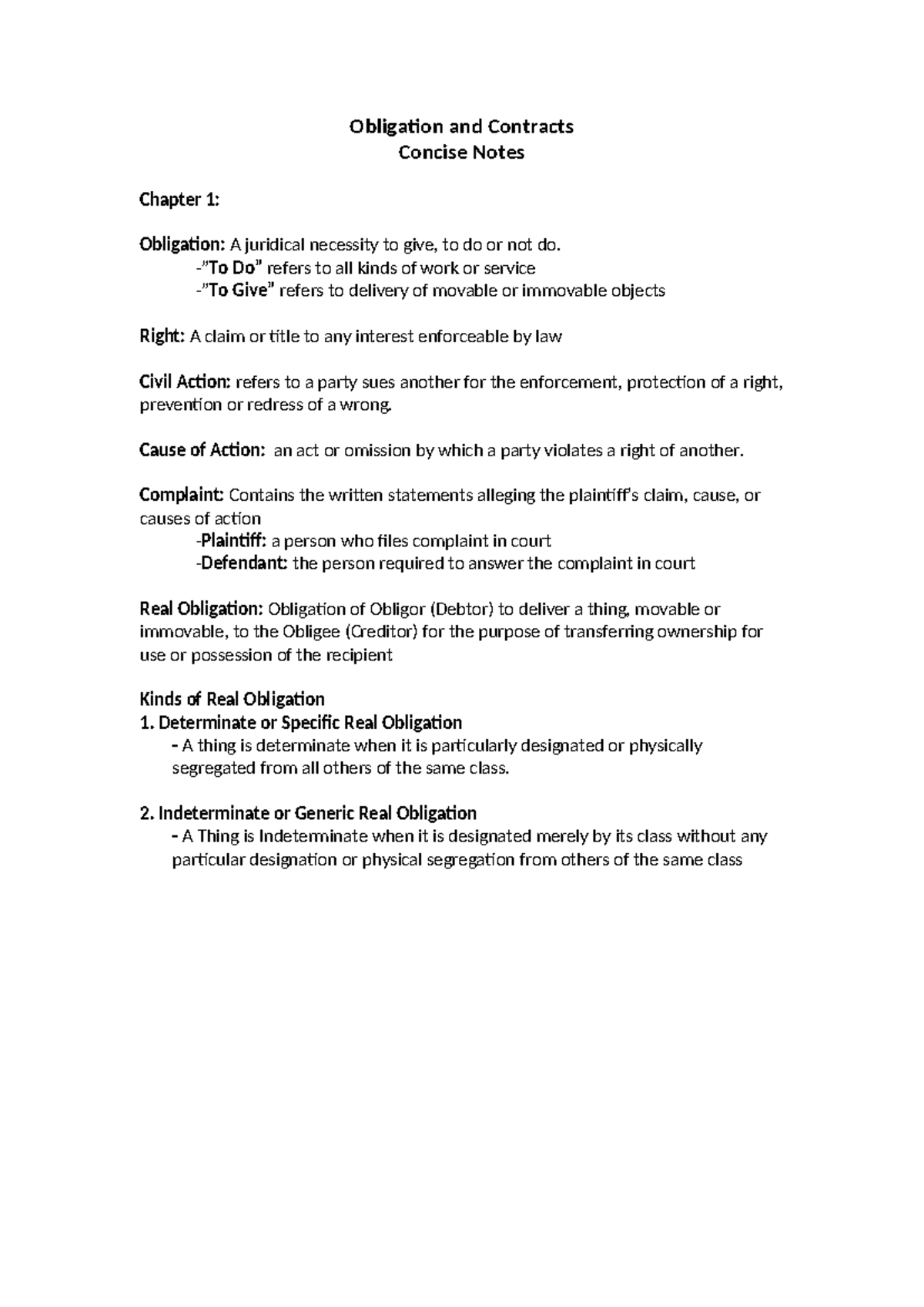 Concise Notes for (Obligation and Contract) - Obligation and Contracts ...