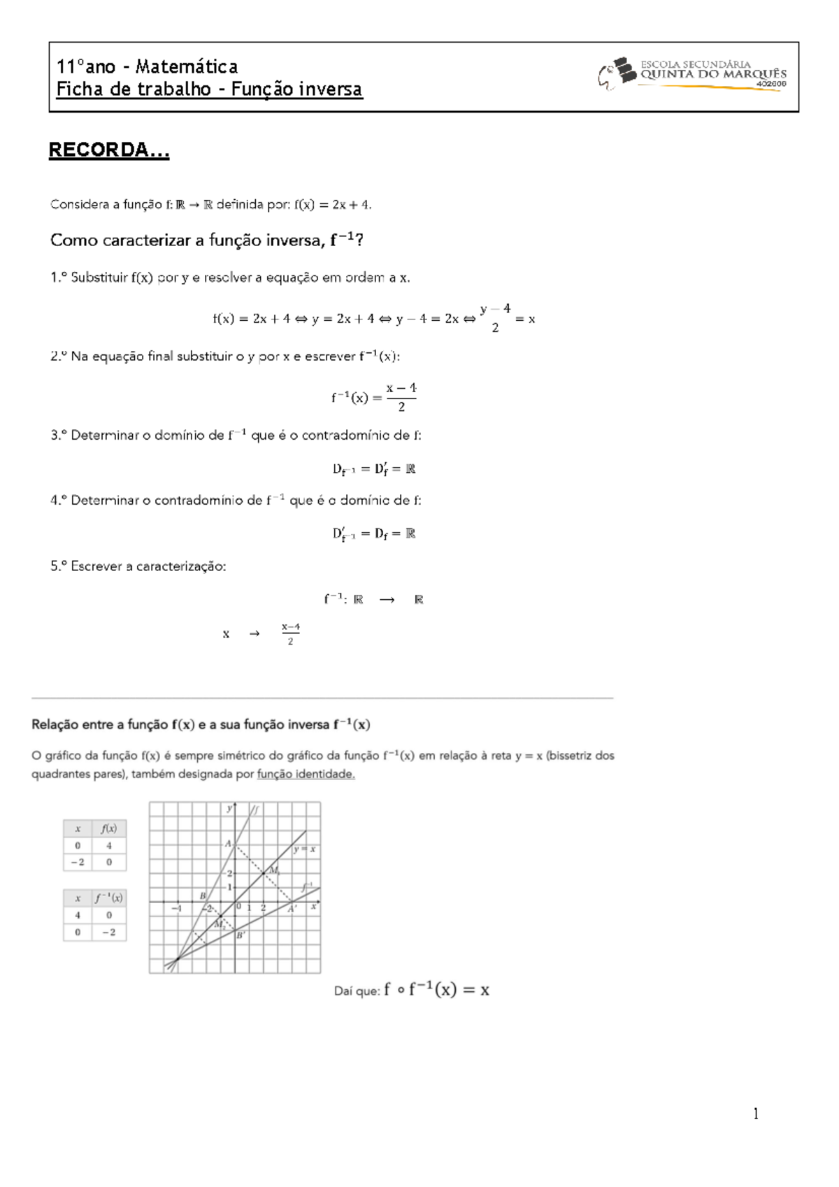Ficha 4 função inversa - Matemática A - 1 RECORDA... 11ºano ...