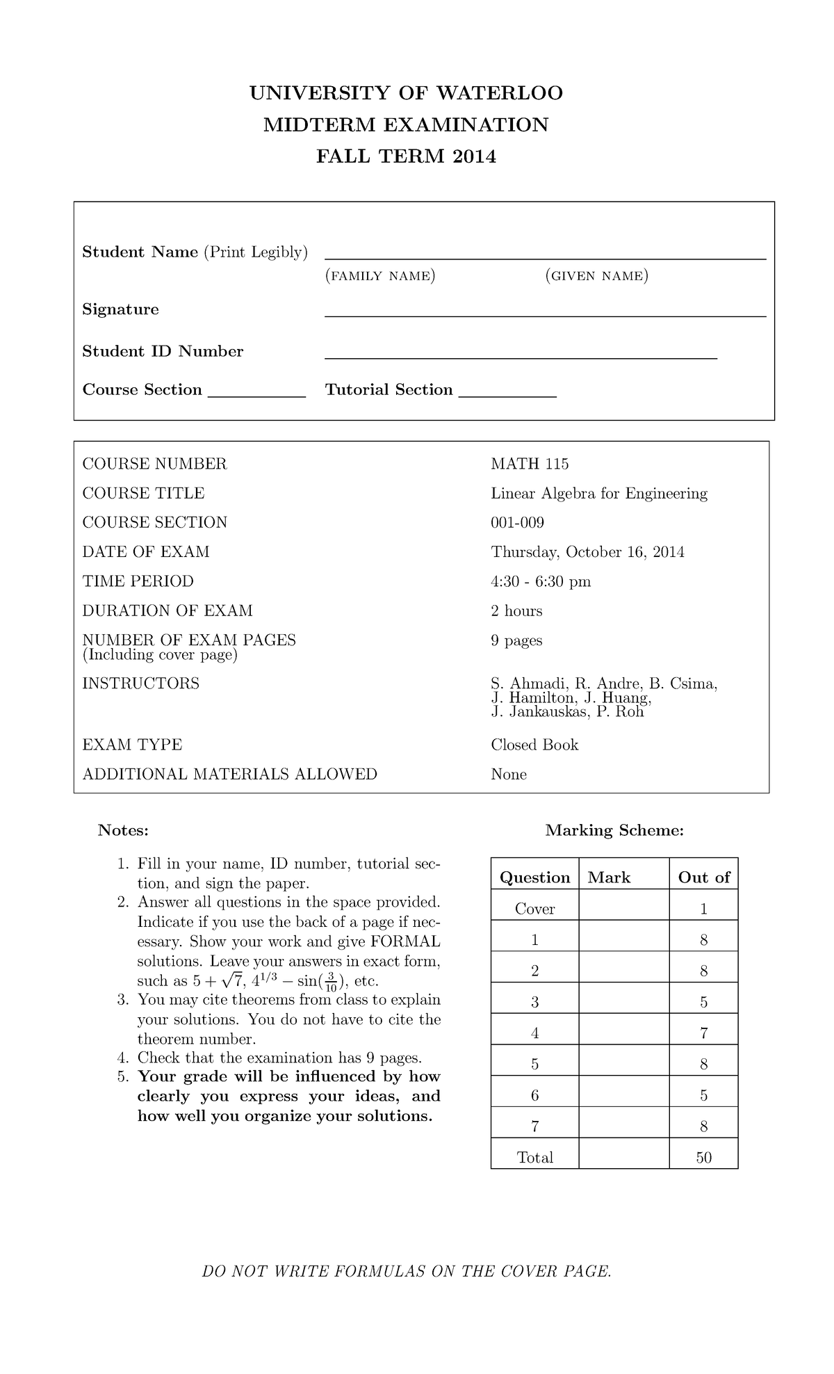 Midterm March 2014, answers - UNIVERSITY OF WATERLOO MIDTERM ...