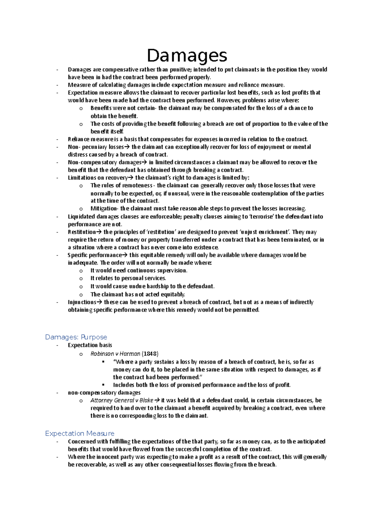 Damages notes - Damages Damages are compensative rather than punitive ...