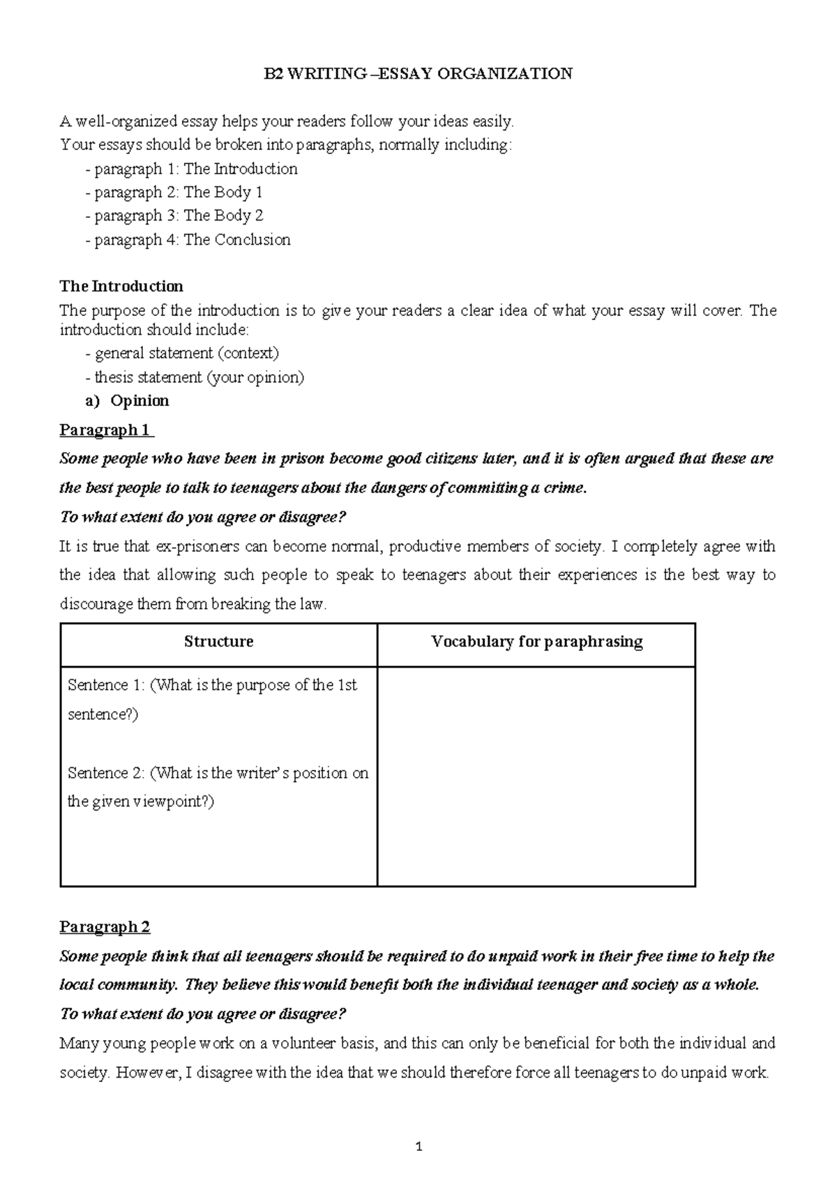 B2 Writing Handout 2. Essay Organization-2 - B2 WRITING –ESSAY ORGANIZATION A well-organized ...