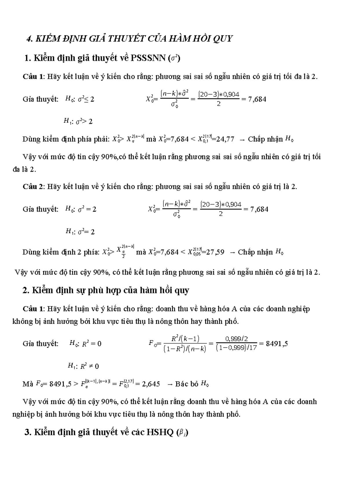 Kinh tế lượng - ktl - 4. KIỂM ĐỊNH GIẢ THUYẾT CỦA HÀM HỒI QUY 1. Kiểm định giả thuyết về PSSSNN ...