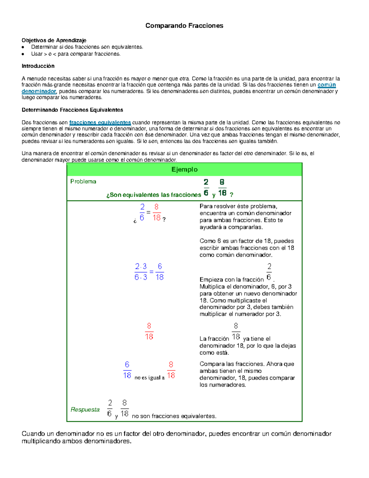 Comparando Fracciones - Comparando Fracciones Objetivos de Aprendizaje ...