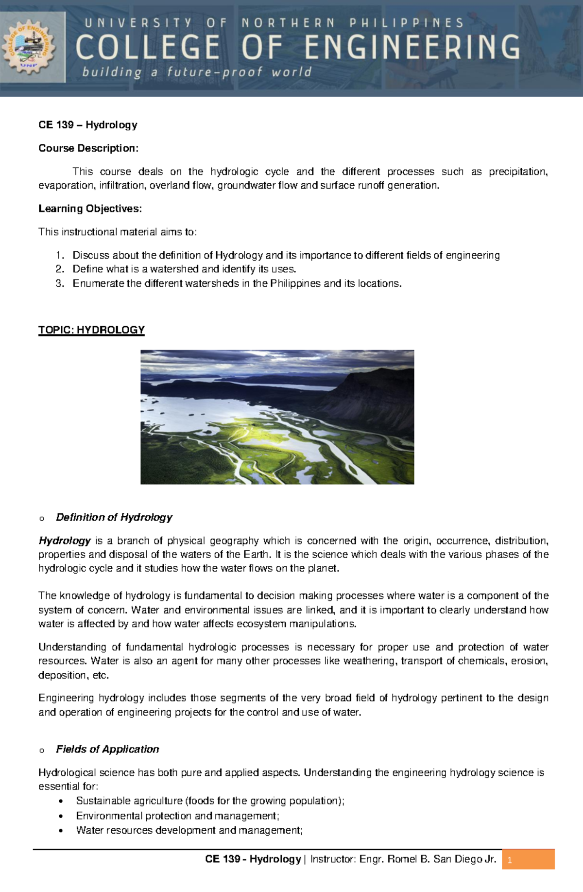 Topic 1 Introduction to Hydrology - CE 139 – Hydrology Course ...