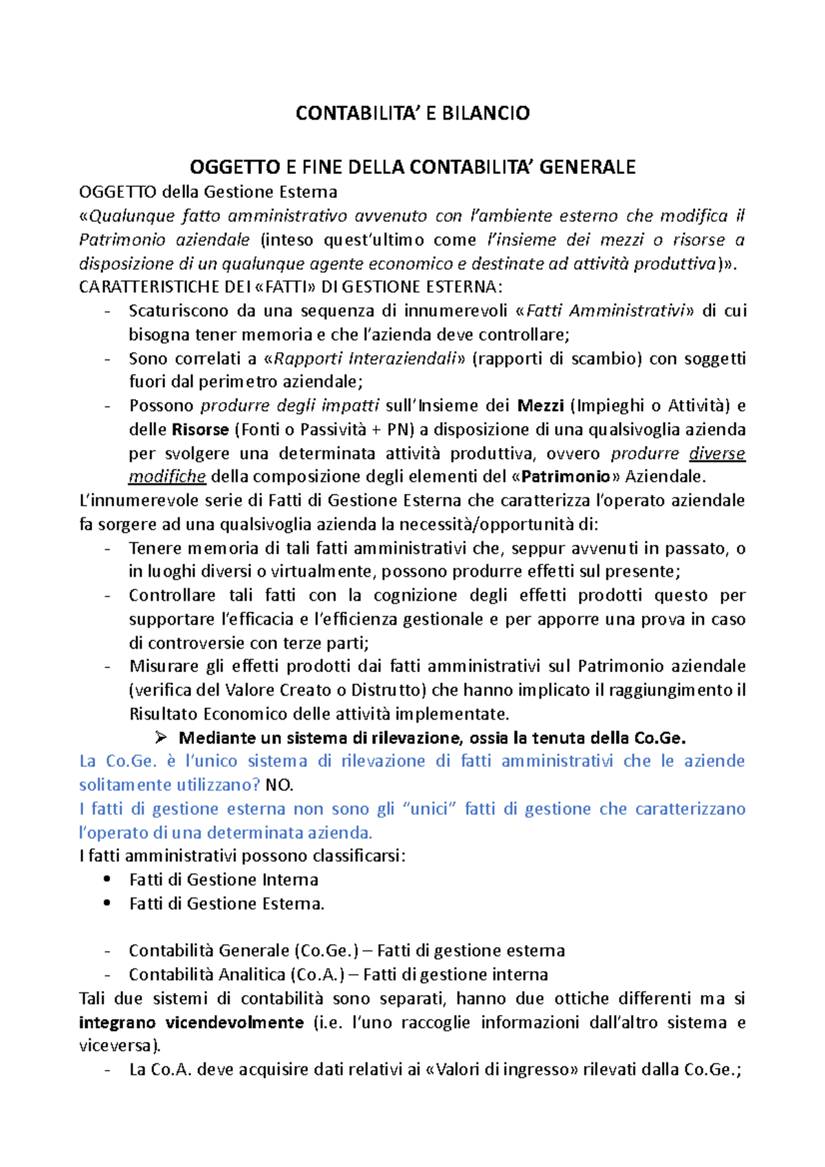 Contabilita' e Bilancio - CONTABILITA’ E BILANCIO OGGETTO E FINE DELLA CONTABILITA’ GENERALE ...