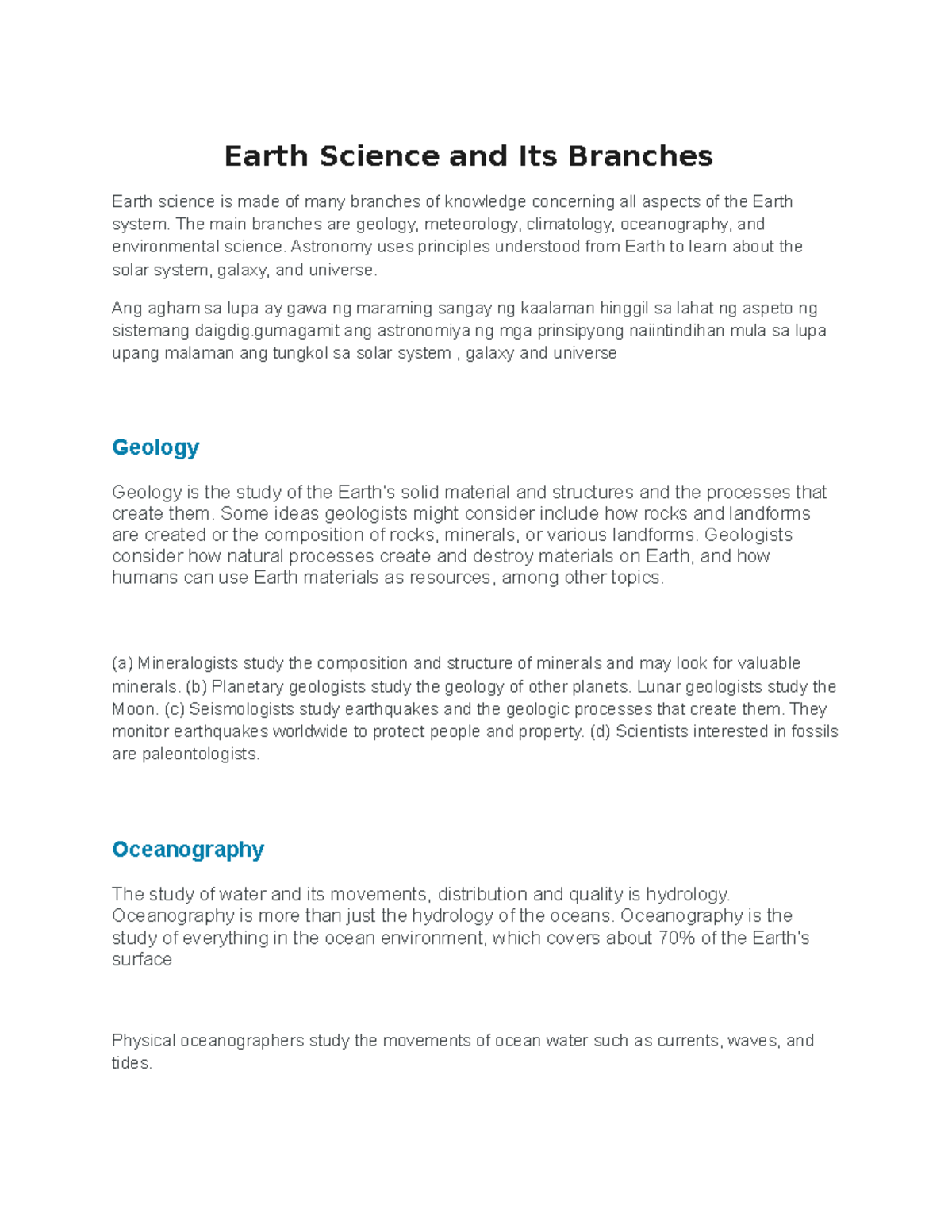Earth Science and Its Branches II - Earth Science and Its Branches ...