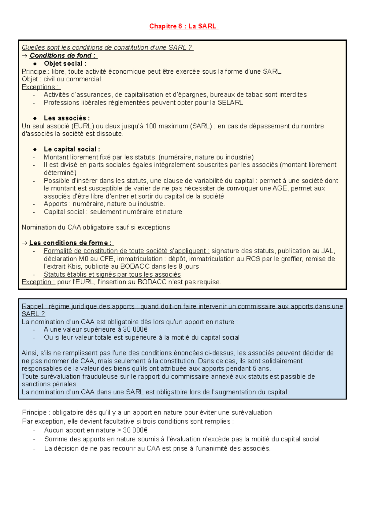 Fiche Chap 8 - Chapitre 8 : La SARL Quelles sont les conditions de ...