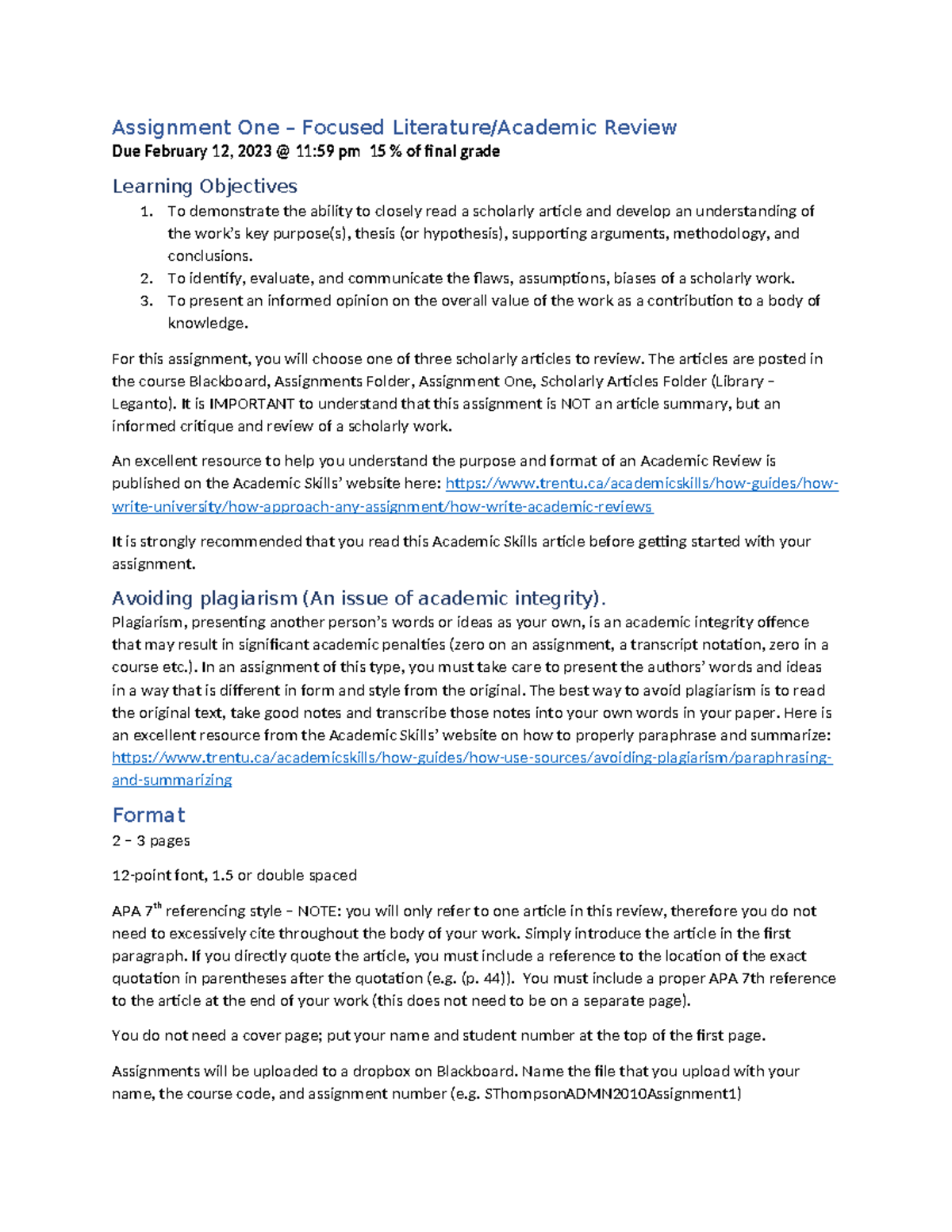 Assignment One Instructions - Assignment One – Focused Literature ...