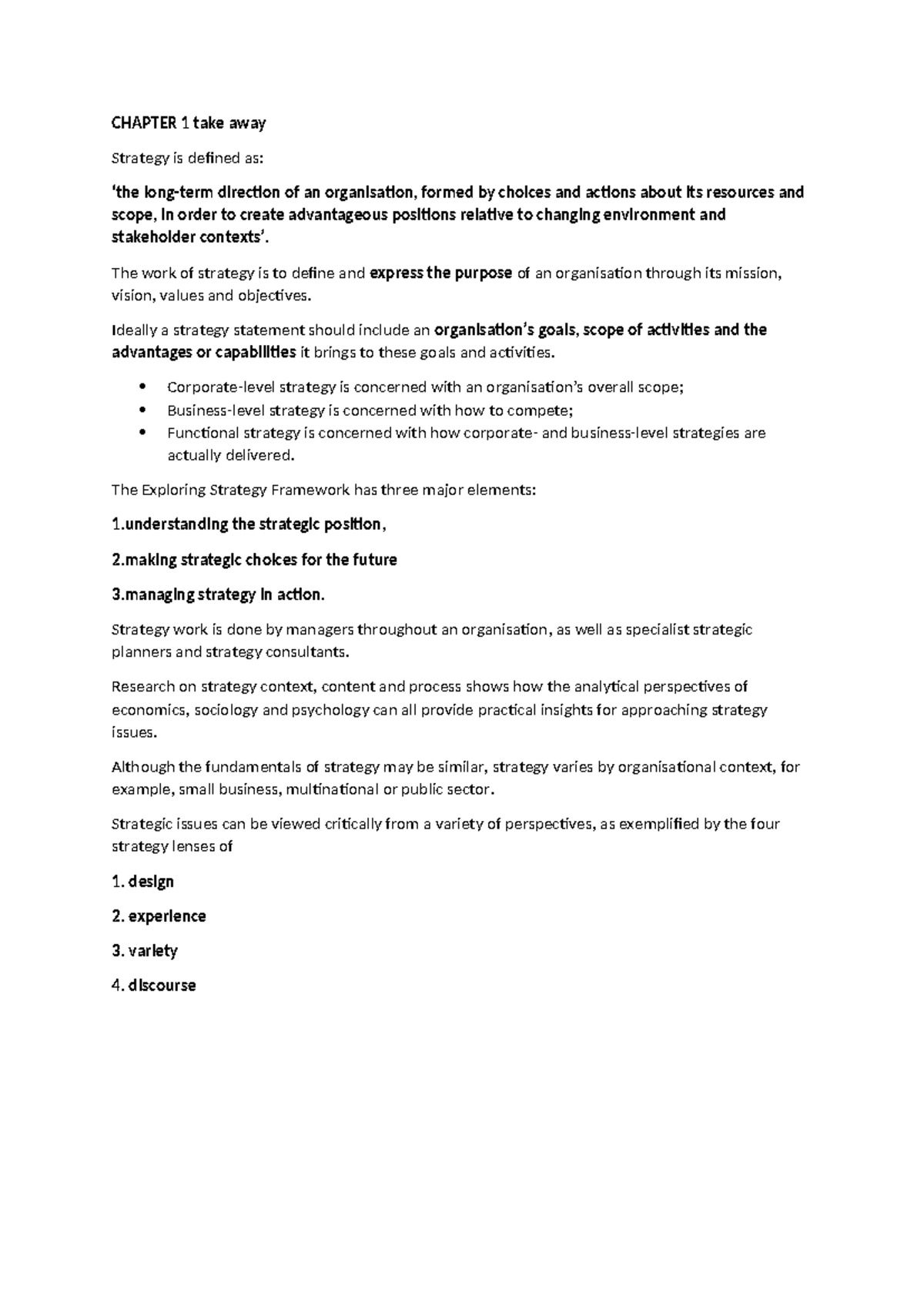 Chapter 1 take away - Summary Strategic Management - CHAPTER 1 take ...