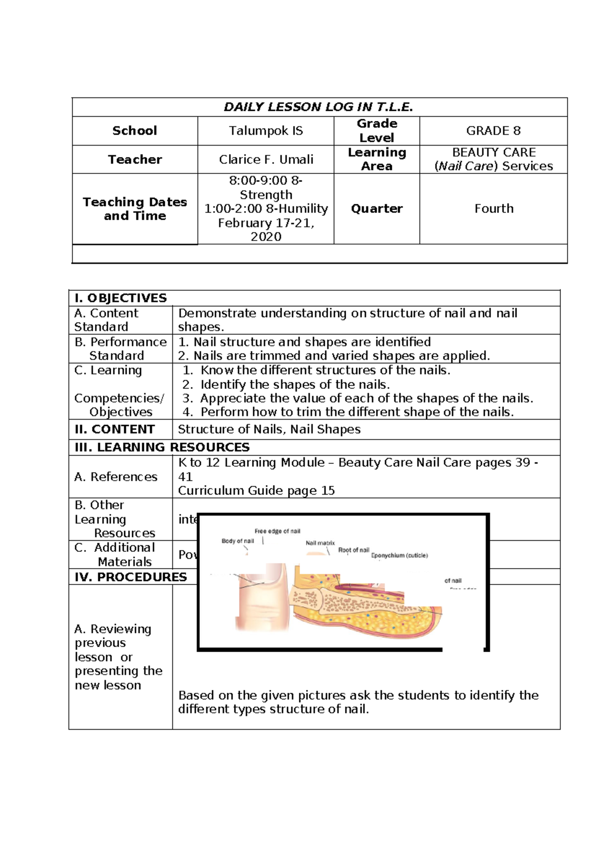 COT1 PLAN - CLASS OBSERVATION TOOL - DAILY LESSON LOG IN T.L. School ...
