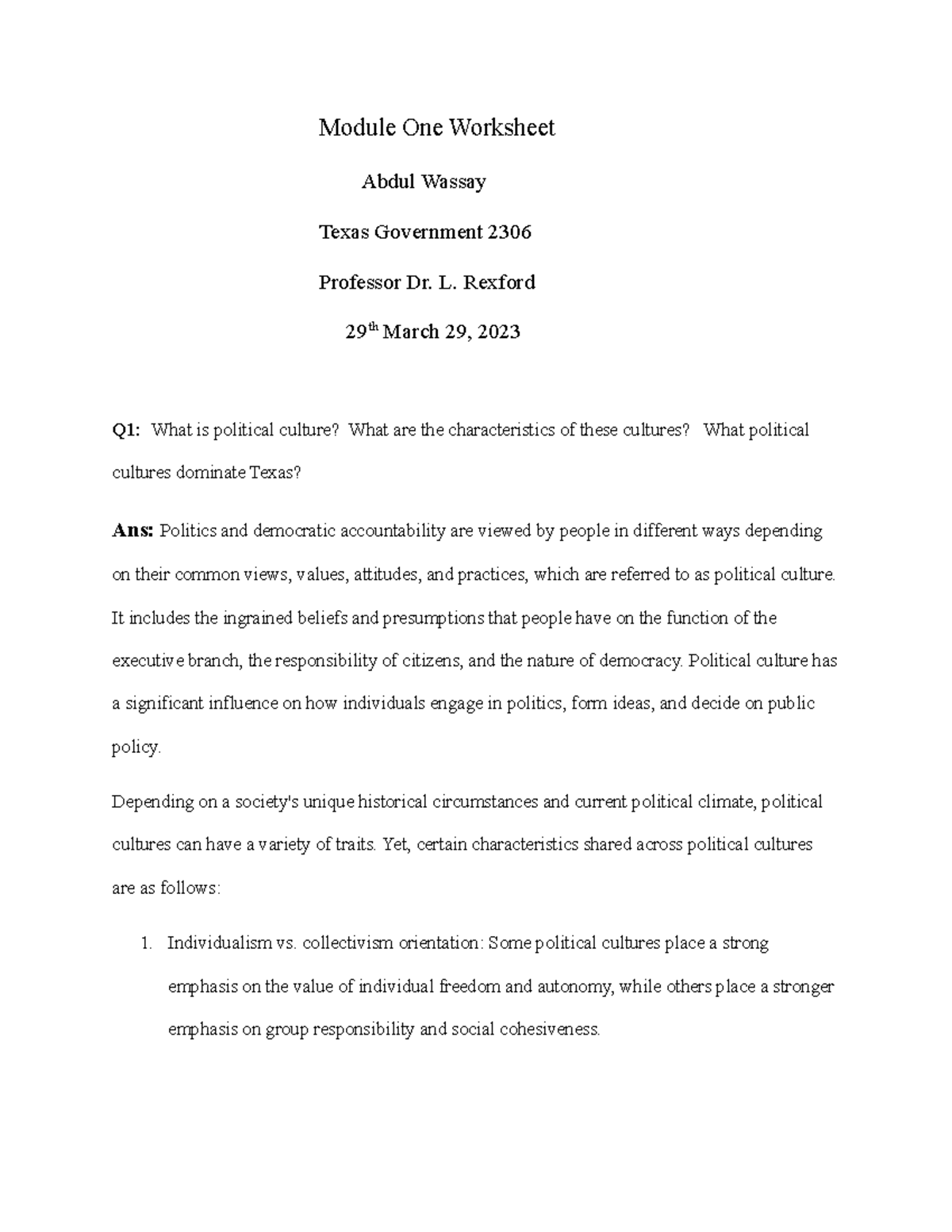 Module One Worksheet - course work from this class - Module One ...