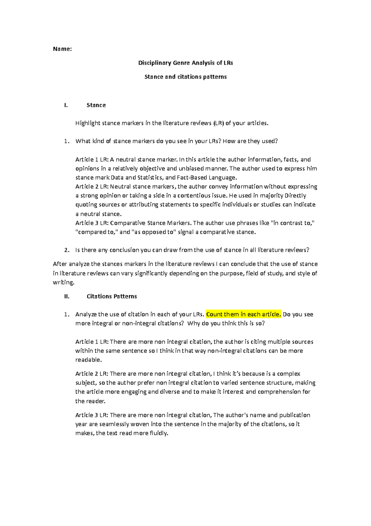 Genre Analysis Worksheet Stance.Citation Language Use - Name ...