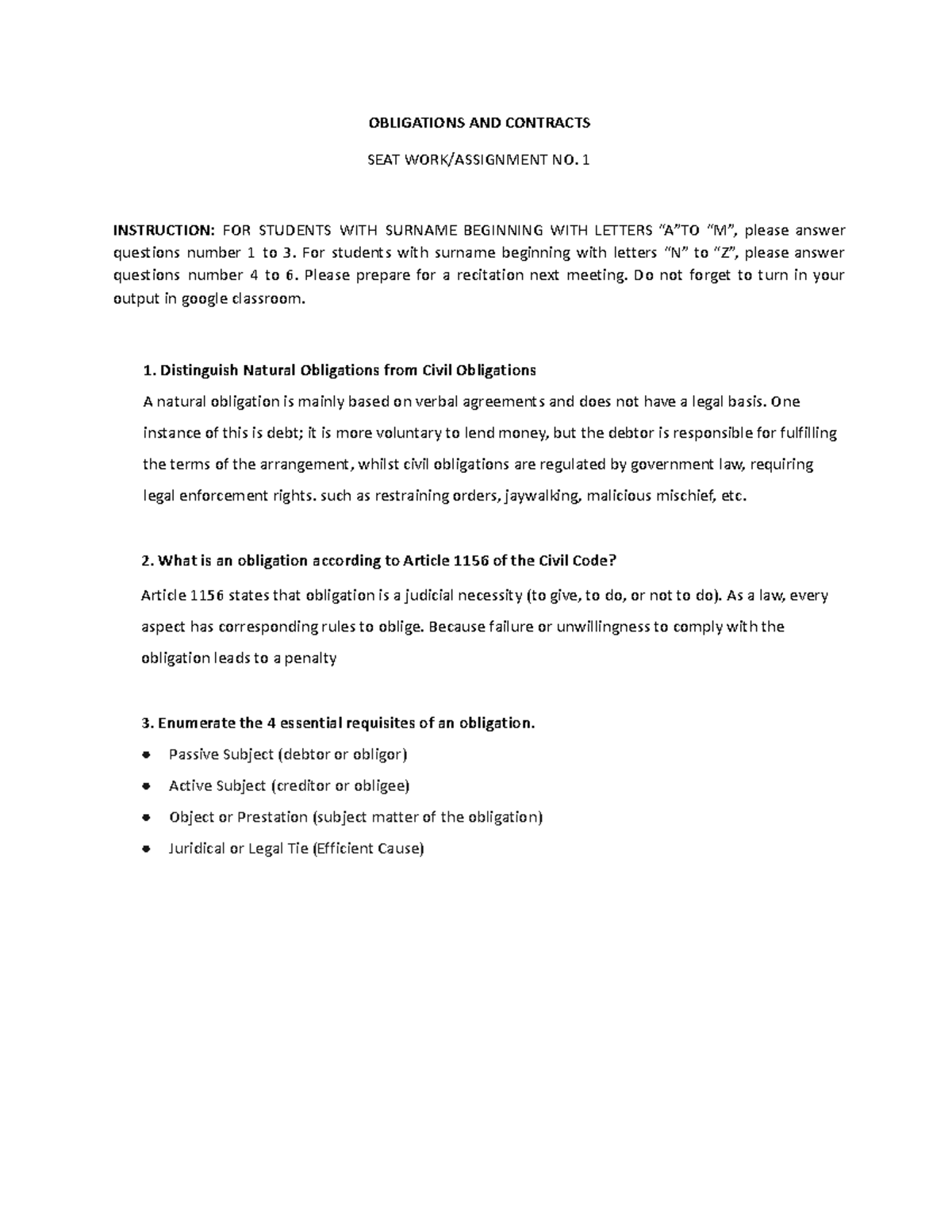 Obligations AND Contracts - OBLIGATIONS AND CONTRACTS SEAT WORK/ASSIGNMENT NO. 1 INSTRUCTION ...