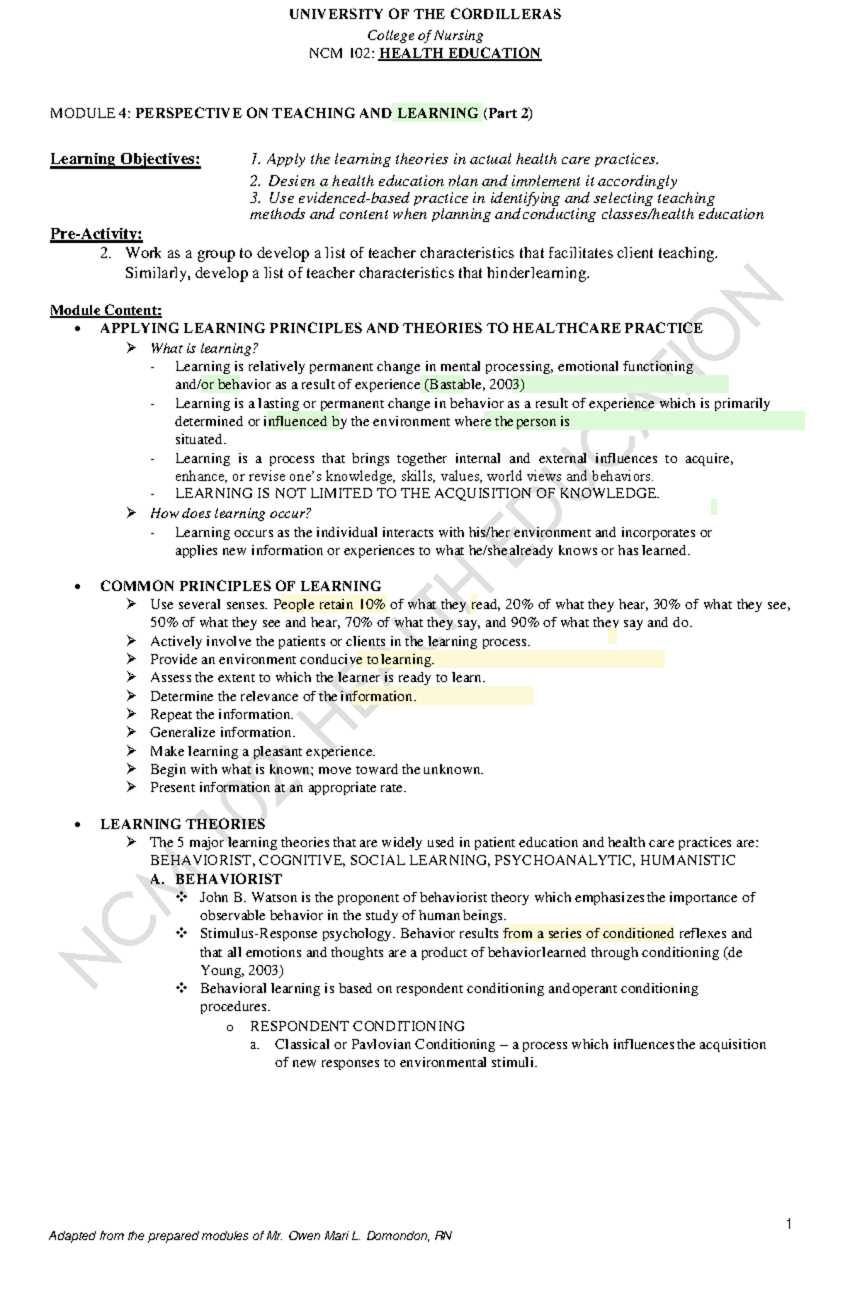 NCM102 Module 4 - none - 1 College of Nursing NCM 102: HEALTH EDUCATION ...
