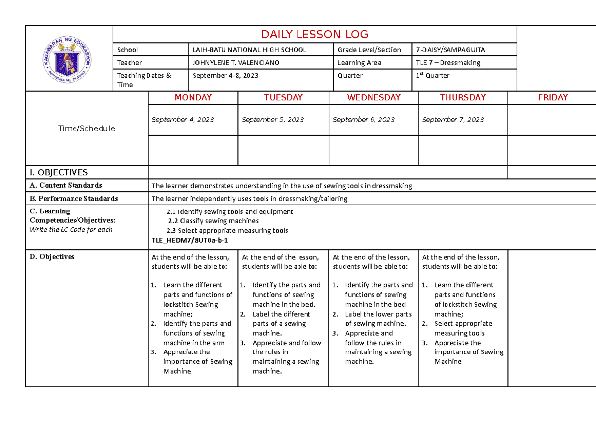 DLL-TLE 7, WEEK 2 DRESSMAKING - DAILY LESSON LOG School LAIH-BATU ...