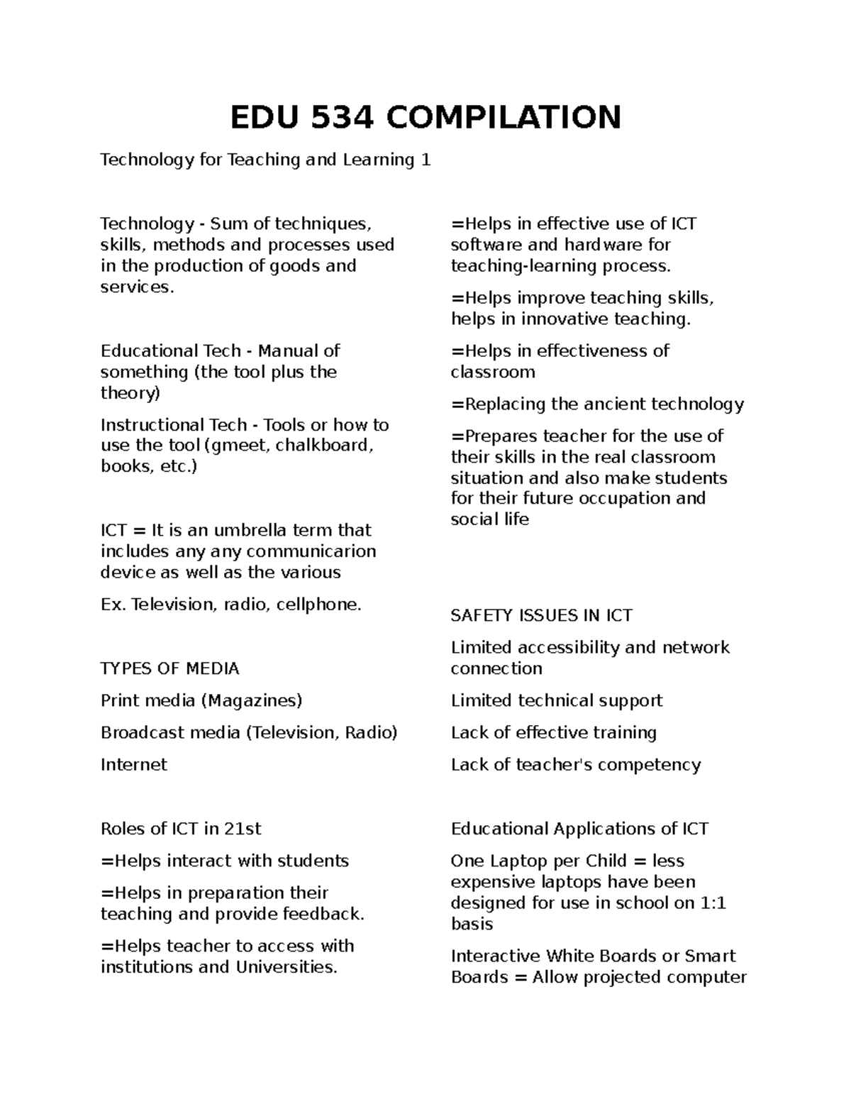 EDU-534- Compilation - EDU 534 COMPILATION Technology for Teaching and Learning 1 Technology ...