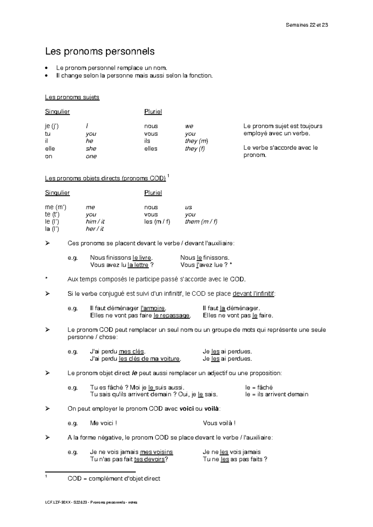 Pronoms personnels - A worksheet on personal pronouns. Class taught by ...