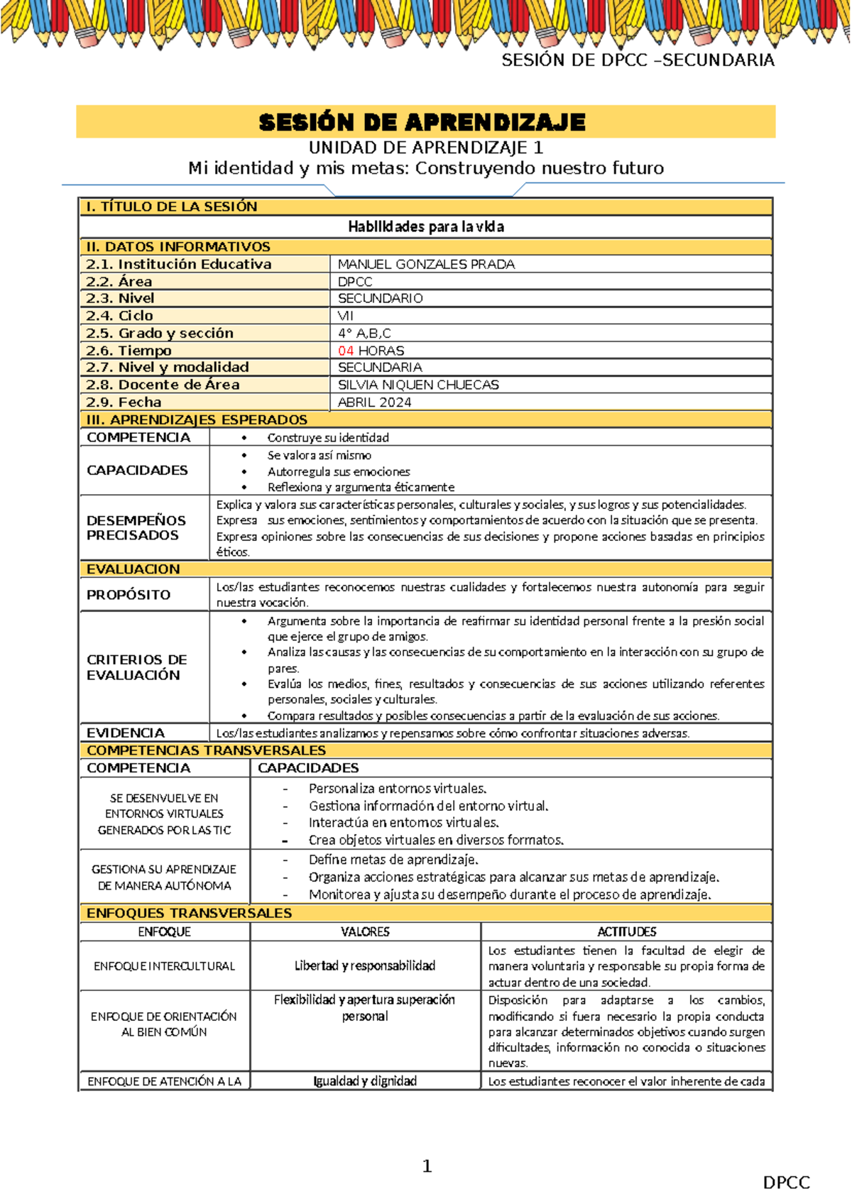 4º SES ACT 3 - DPCC 2024 - sesion de aprendizaje - DPCC 1 SESIÓN DE DPCC –SECUNDARIA SESIÓN DE ...
