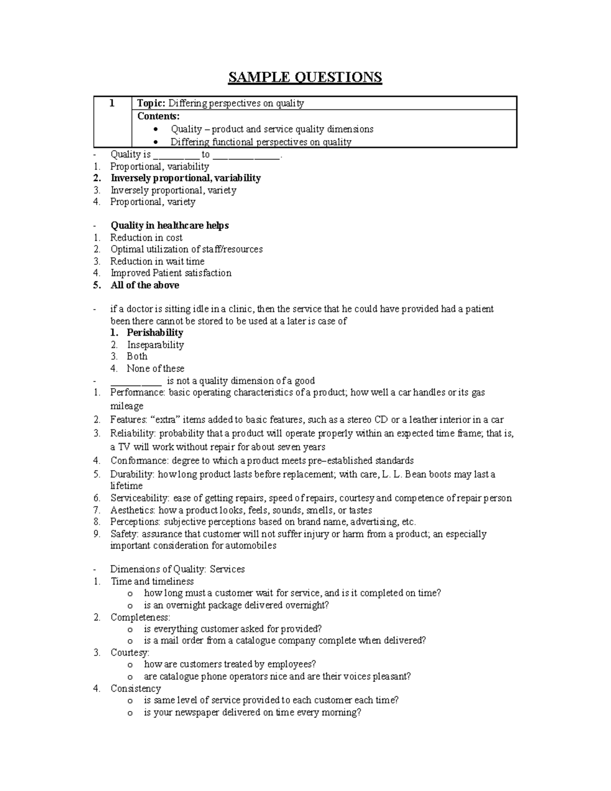 U1 QM Sample Questions-1 - SAMPLE QUESTIONS Quality is _________ to ...