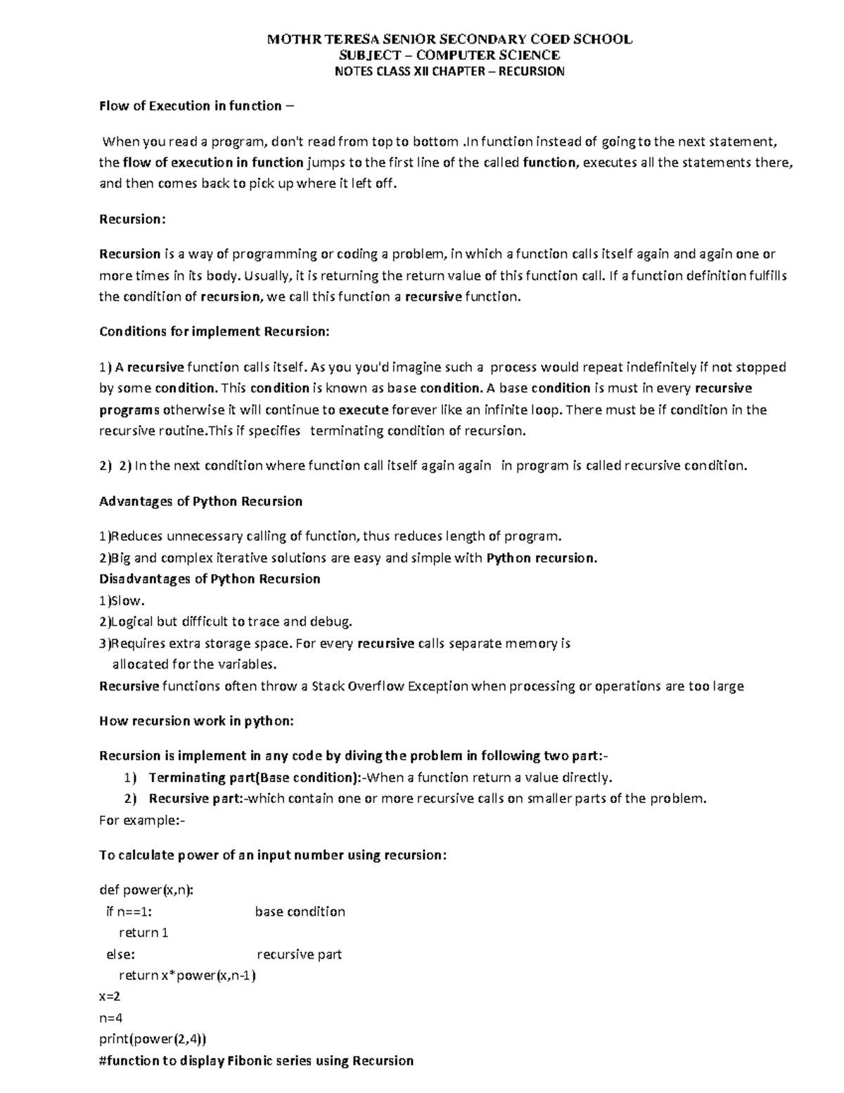 Recursion - easy notes - MOTHR TERESA SENIOR SECONDARY COED SCHOOL ...
