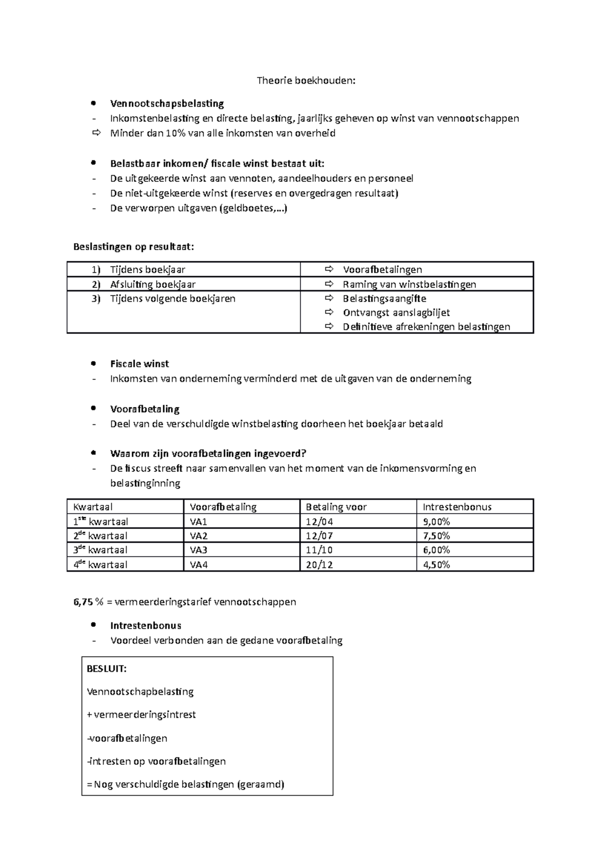 Theorie boekhouden - Theorie boekhouden: Vennootschapsbelasting Inkomstenbelasting en directe ...