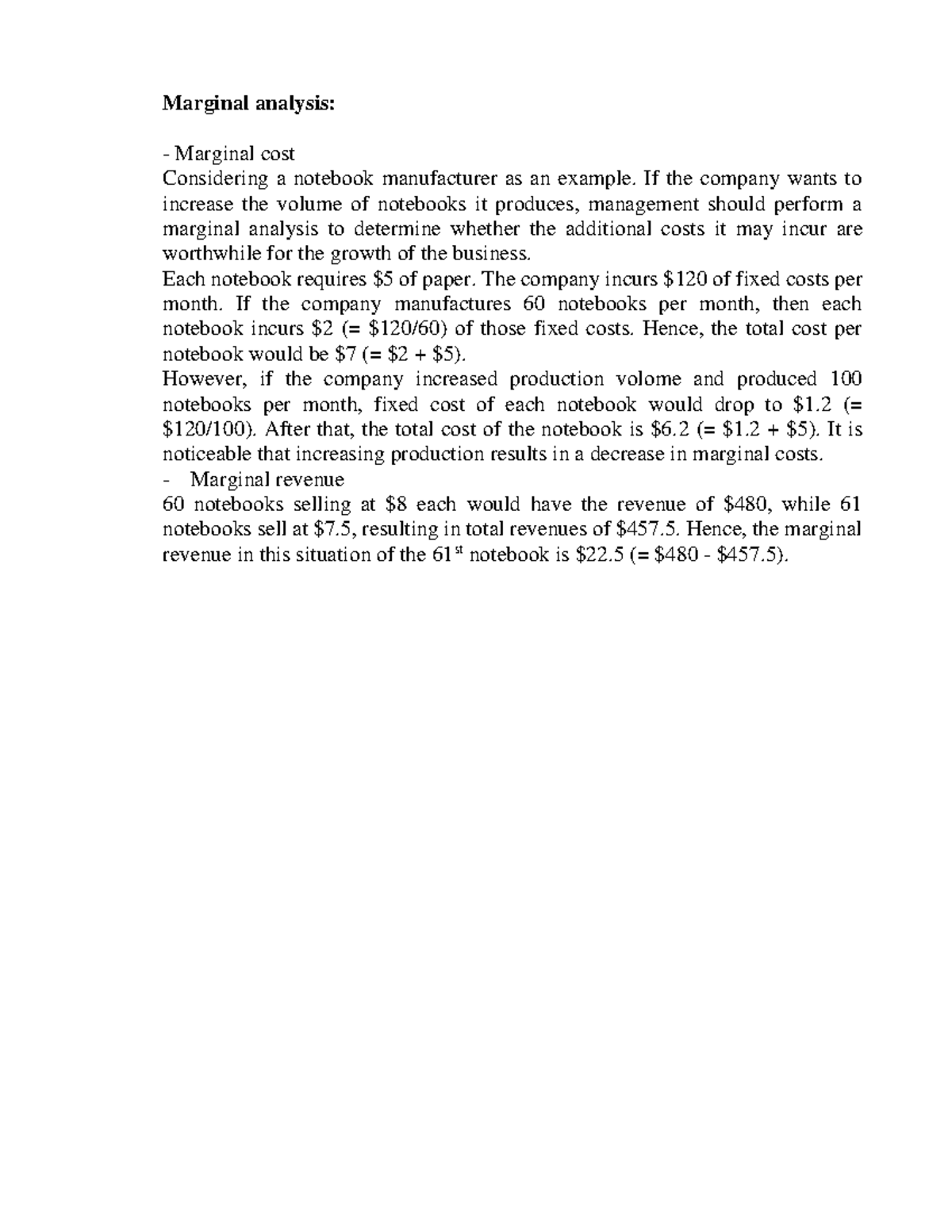 Marginal analysis - Marginal analysis: Marginal cost Considering a ...