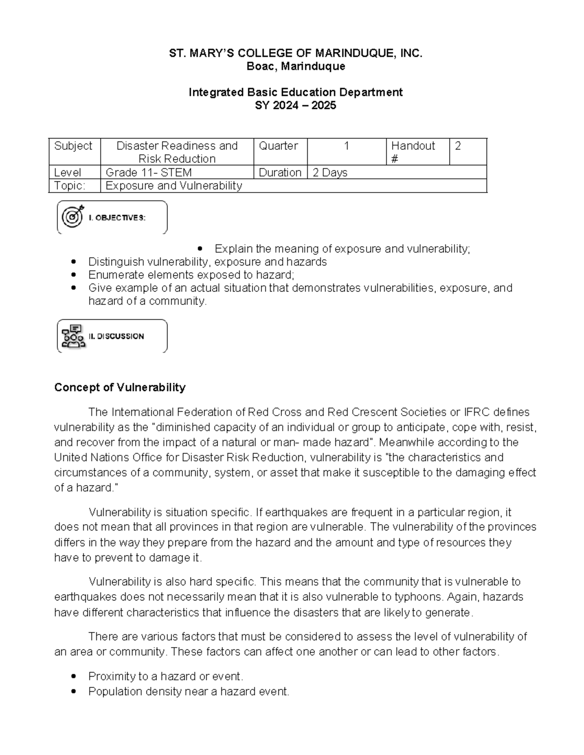 DRRR - Vulnerability and Exposure - ST. MARY’S COLLEGE OF MARINDUQUE ...