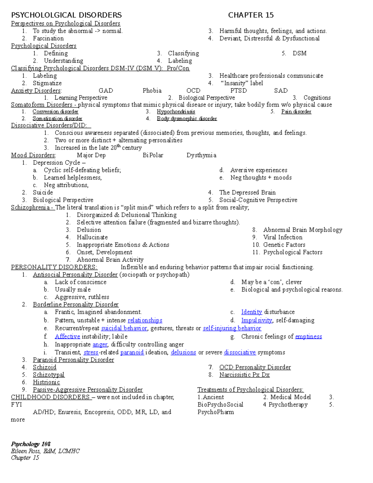 Psych 108 ERoss Chapter 15 - PSYCHOLOLGICAL DISORDERS CHAPTER 15 ...
