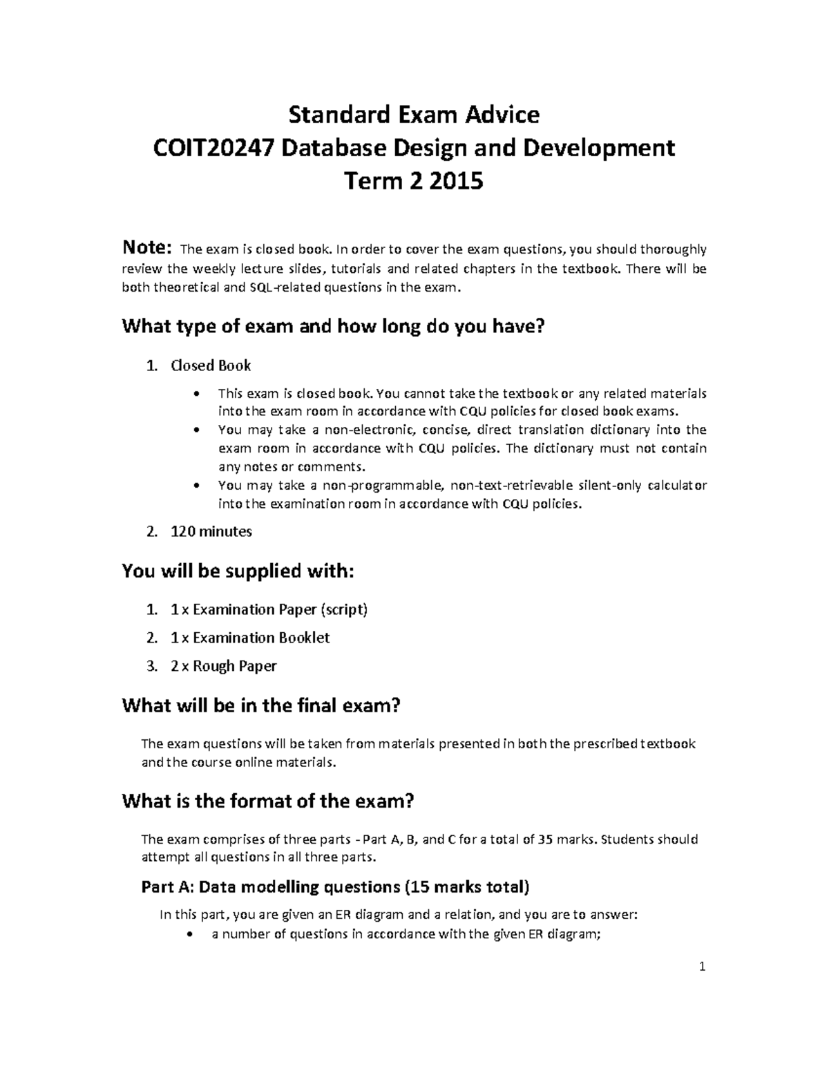 COIT20247 T22015 Standard Exam Advice - Standard Exam Advice COIT20247 ...