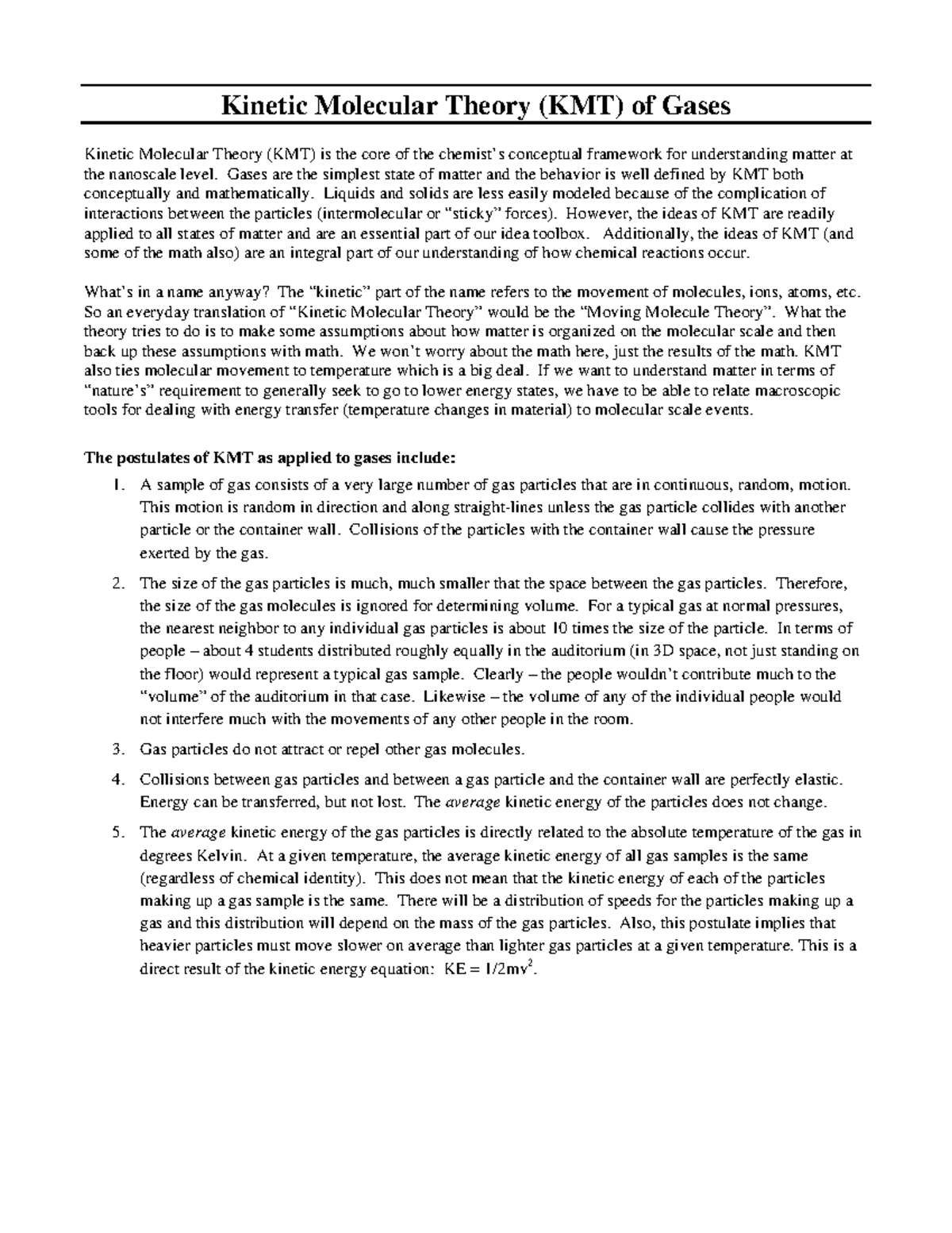 KMGas Theory - Lecture notes 2 - Kinetic Molecular Theory (KMT) of ...