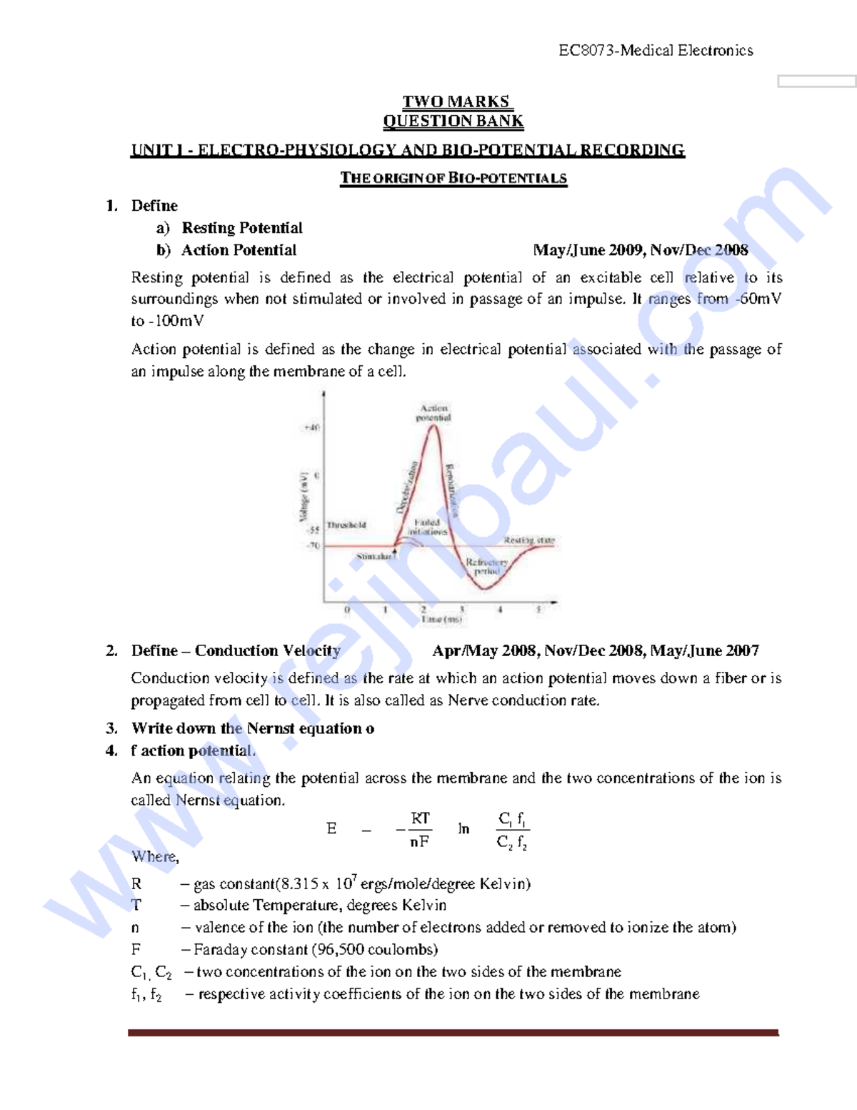 Ec8073 qb - nill - TWO MARKS QUESTION BANK UNIT I - ELECTRO-PHYSIOLOGY ...