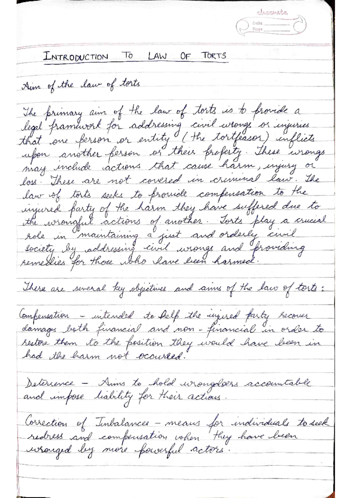 Module 1 and 2 torts - classmate Date Page INTRODUCTION To LAW OF TORTS ...