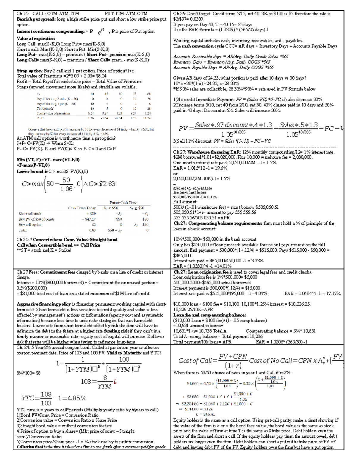 274 Final Cheat Sheet - Ch 14: CALL: PUT: Bearish put spread: long a ...