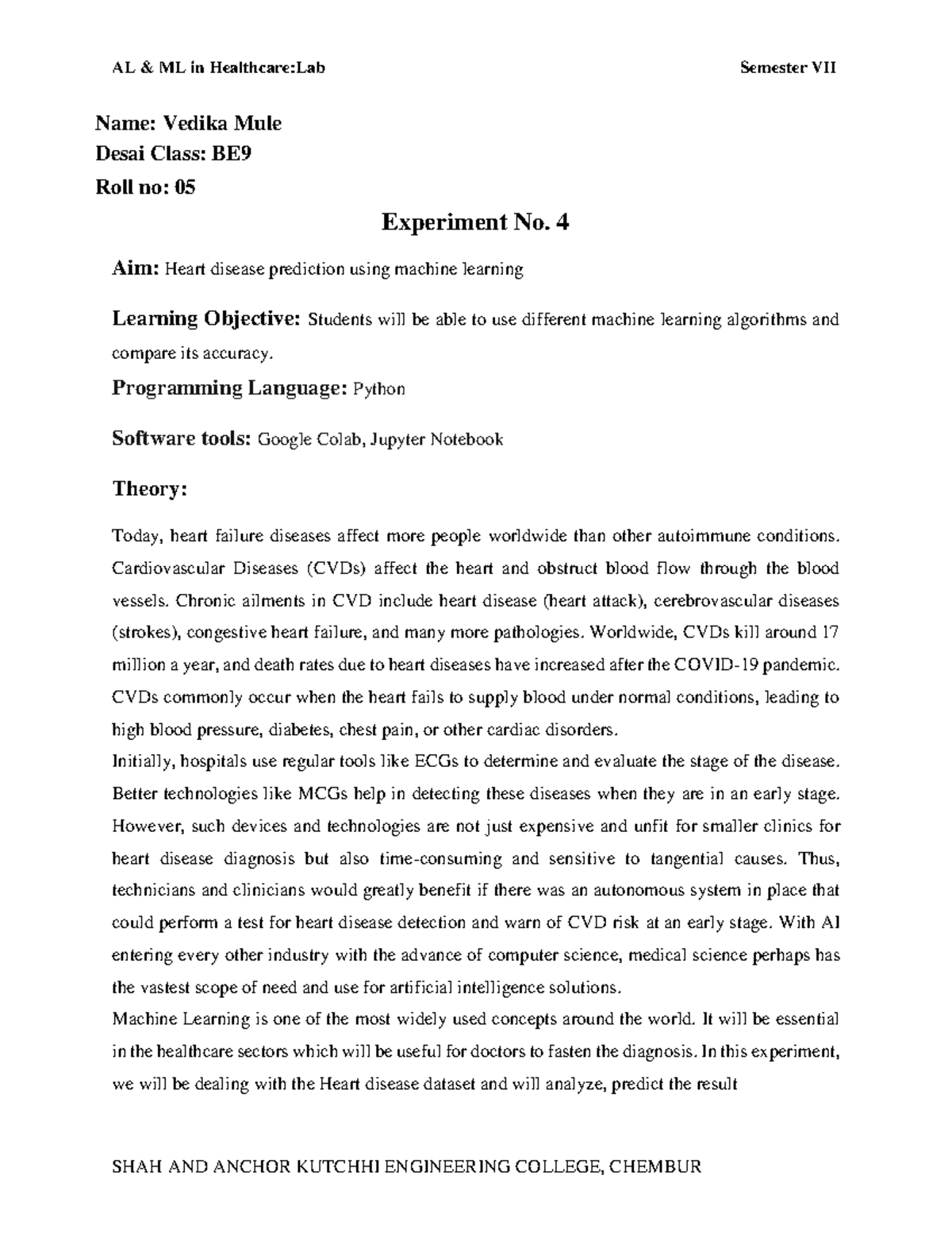 BE9 5 EXP4 Vedika AIML - haaa - Name: Vedika Mule Desai Class: BE Roll no: 05 Experiment No. 4 ...