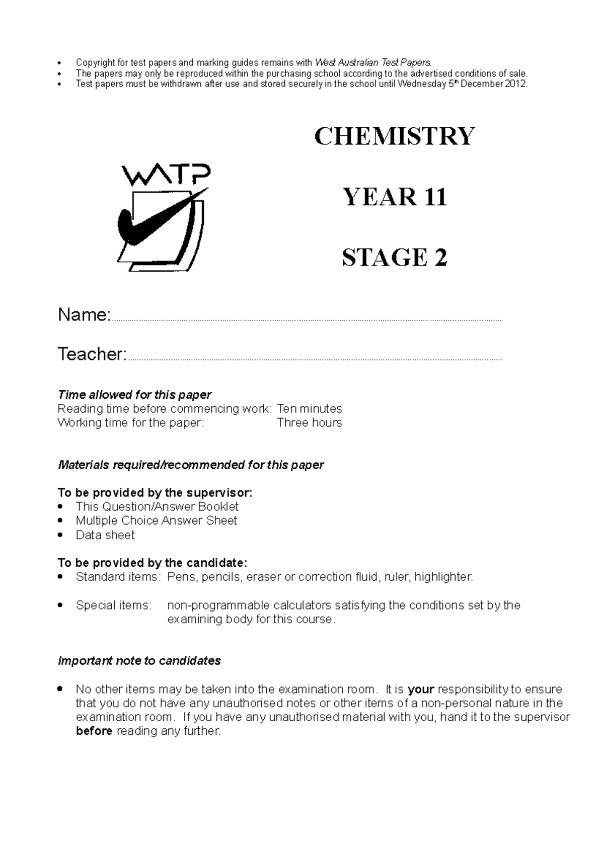 Chemistry Stage 2 2012 - Study notes and questions - Copyright for test ...