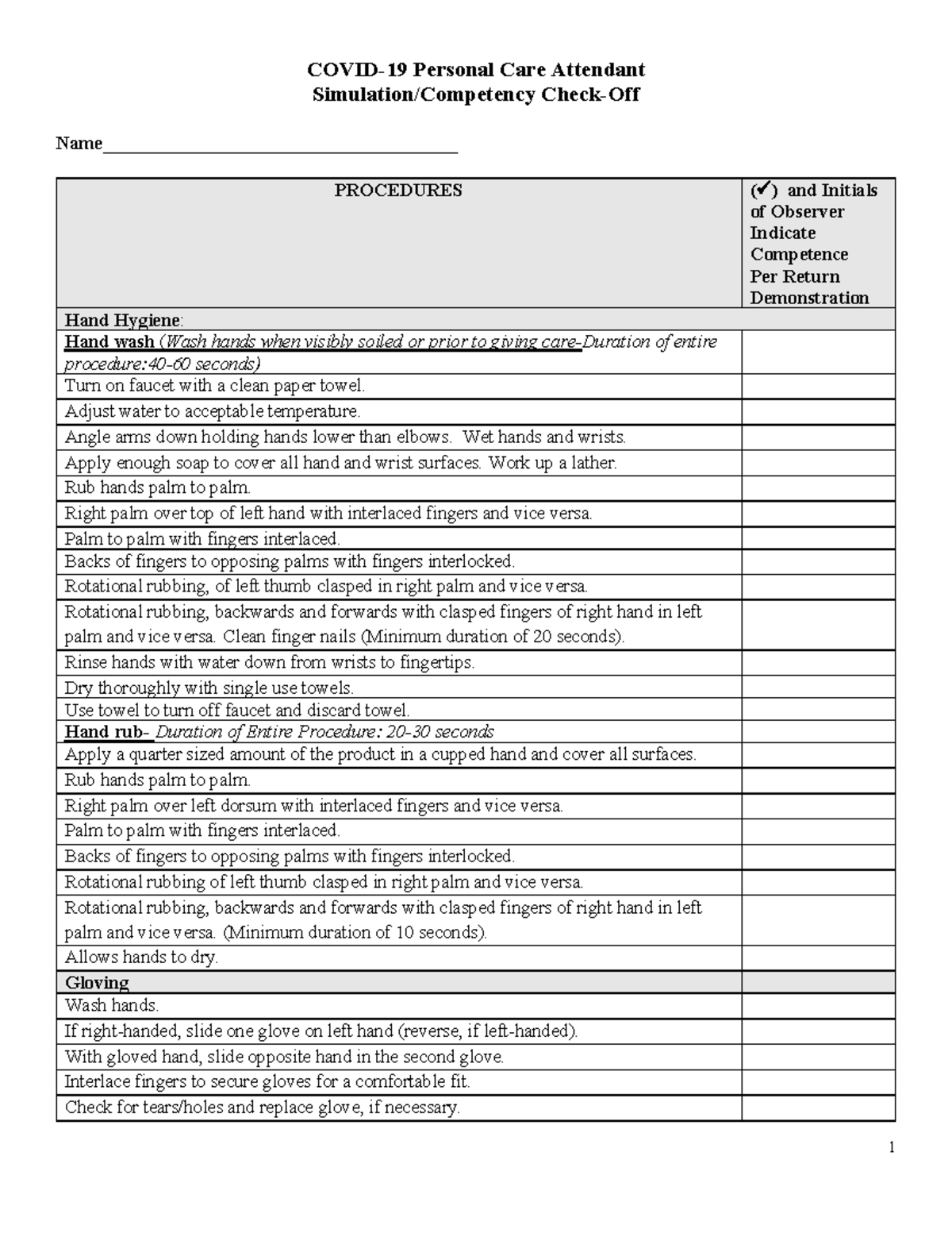 Covid Aide Competency Check Off - COVID-19 Personal Care Attendant ...