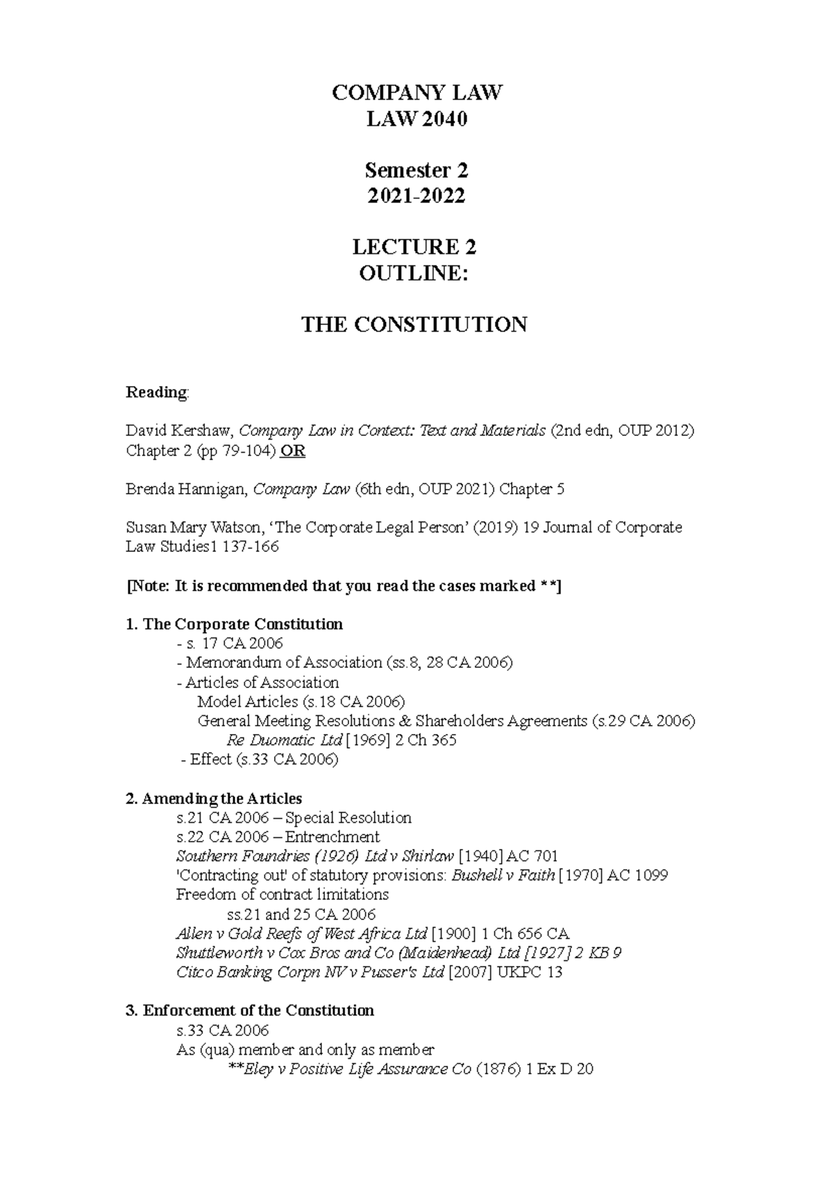 Company Law - lecture 2 outline - COMPANY LAW LAW 2040 Semester 2 2021 ...