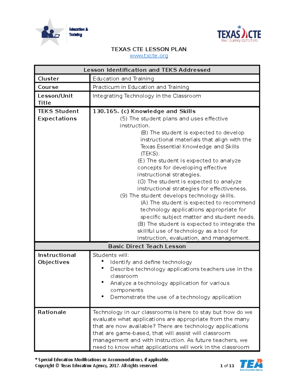 Lesson Plan Integrating Technology in the Classroom 0 - TEXAS CTE ...