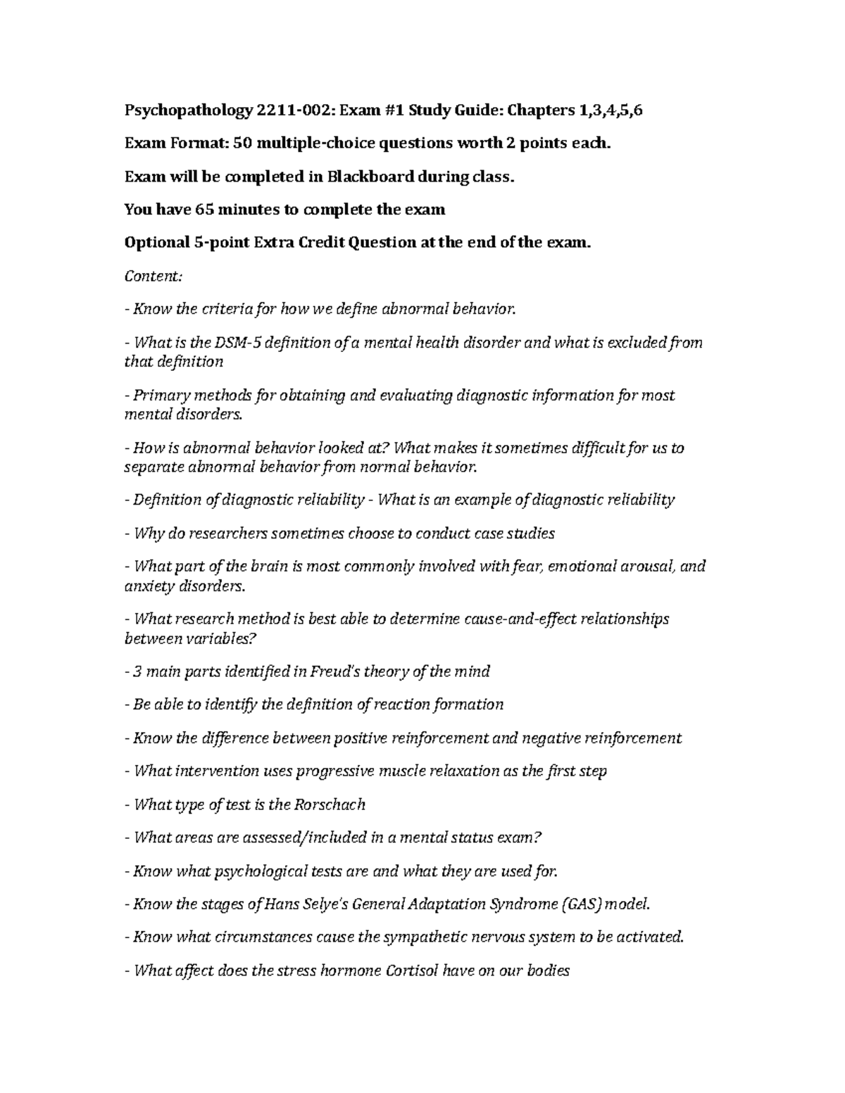 Exam #1 Study Guide - Psychopathology 2211-002: Exam #1 Study Guide ...
