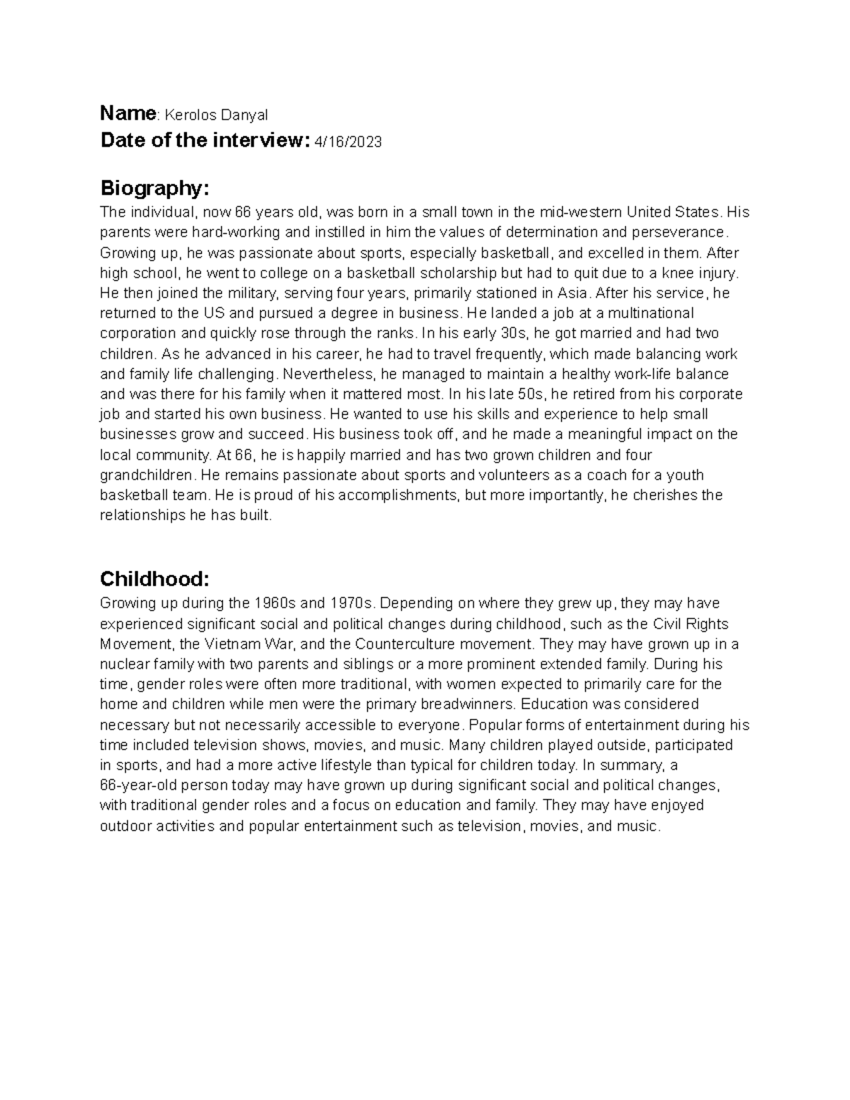 Life Review assignment - Name: Kerolos Danyal Date of the interview: 4 ...