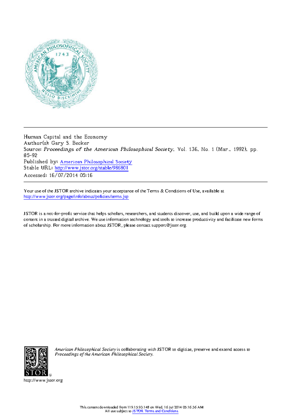 (Inglés) Gary Becker - Human capital and the Economy - Human Capital ...