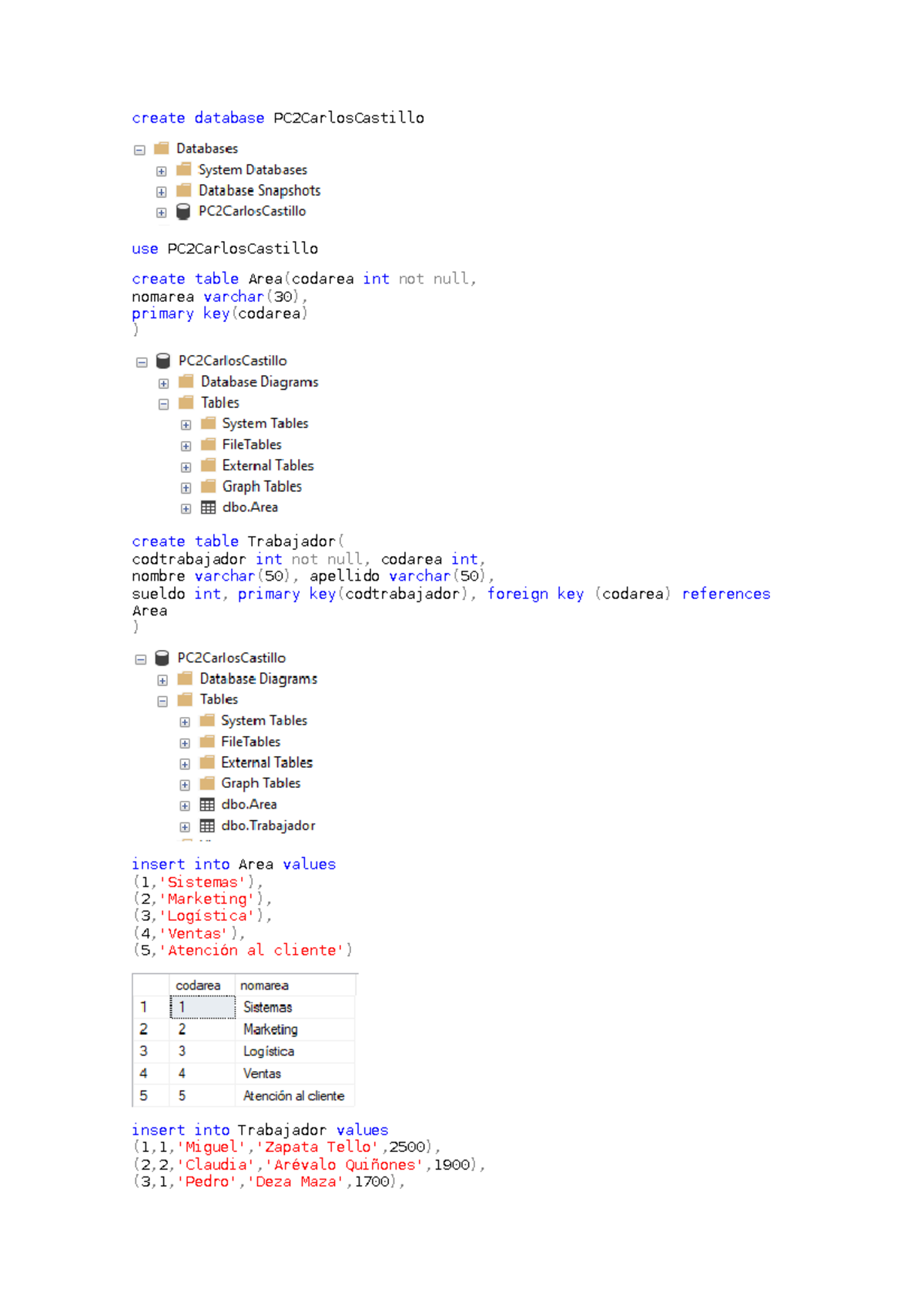 PC2Carlos Castillo - Practica N°02 - create database PC2CarlosCastillo use PC2CarlosCastillo ...