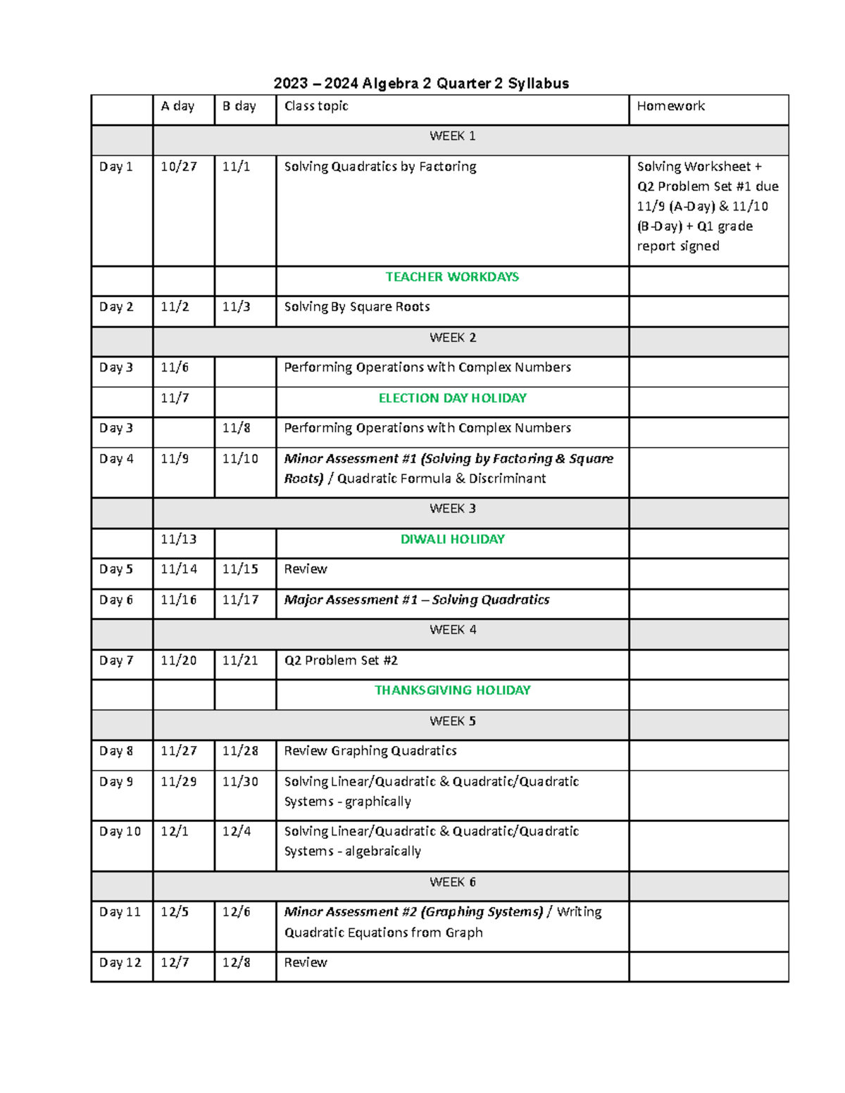 Quarter 2 syllabus alg 2 2023-24 - 2023 – 2024 Algebra 2 Quarter 2 ...